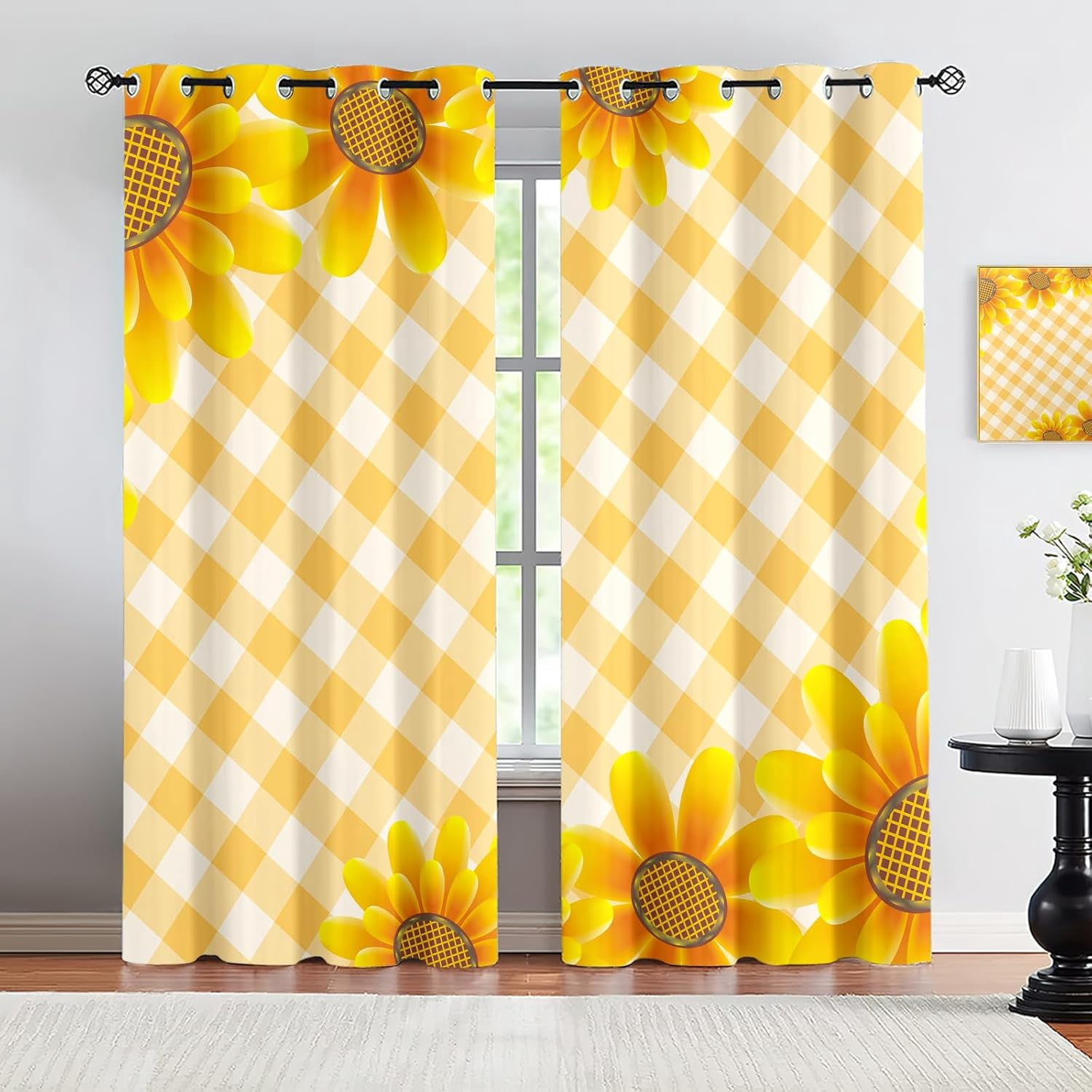 Yellow And White Squares Decorative Window Treatment, Sunflower Plant ...