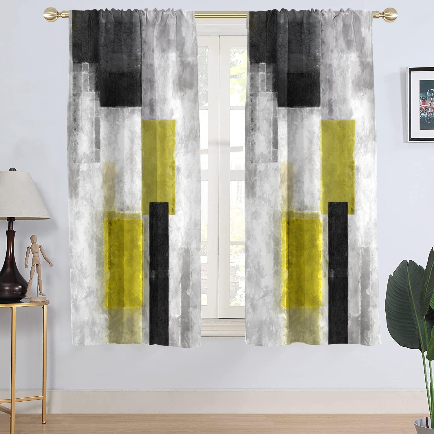 Yellow Window Curtain Black and White Grey Gray Abstract Modern Dark ...