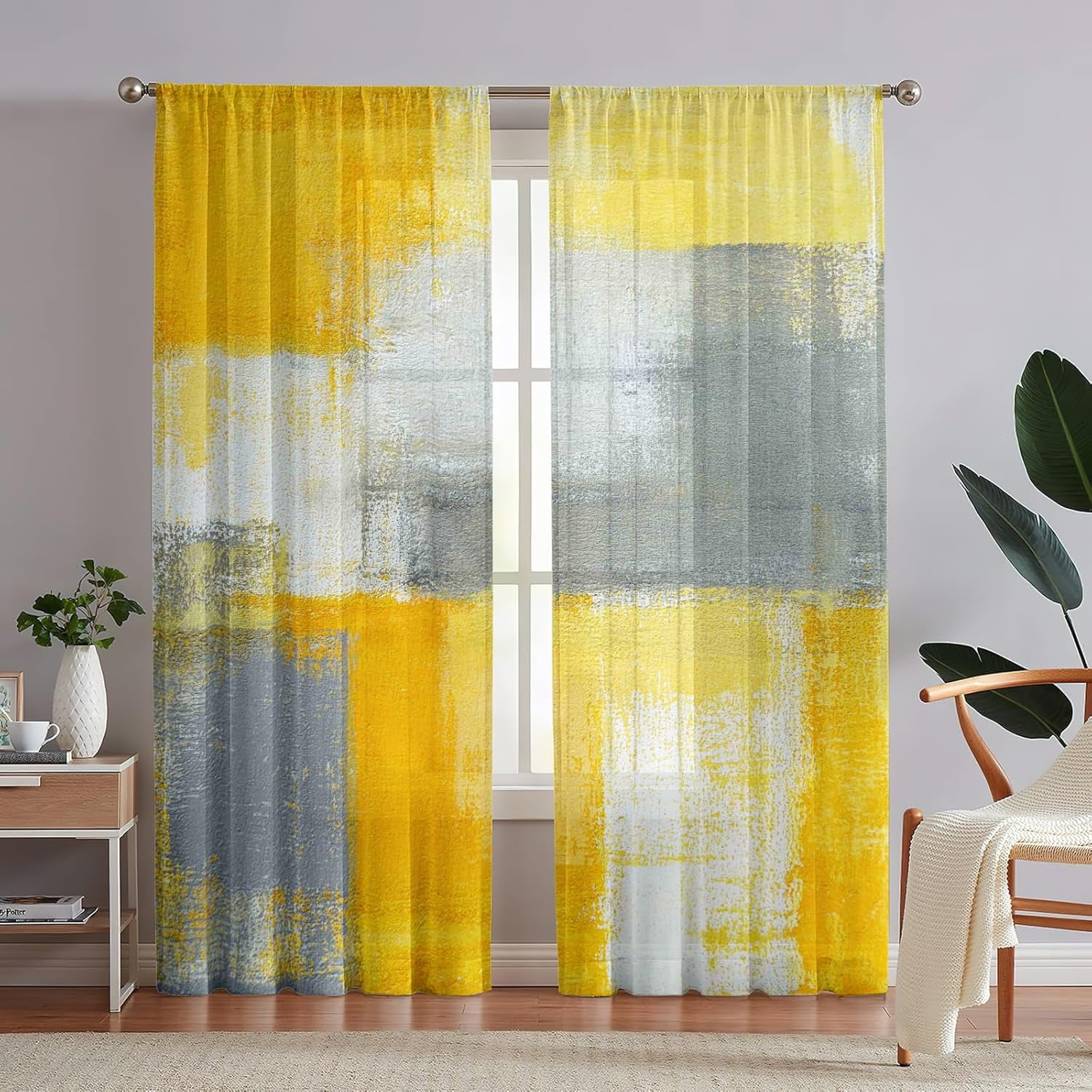 Yellow Window Curtain Yellow Grey Rod Pocket Drapes Rust Art Drapes ...