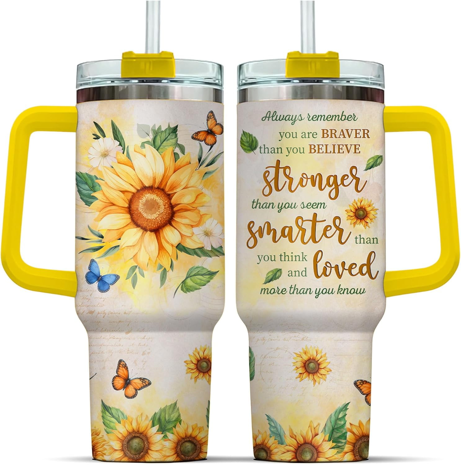 Yellow Women Flower Tumblers For Coffee Cups Floral Handle Butterfly ...