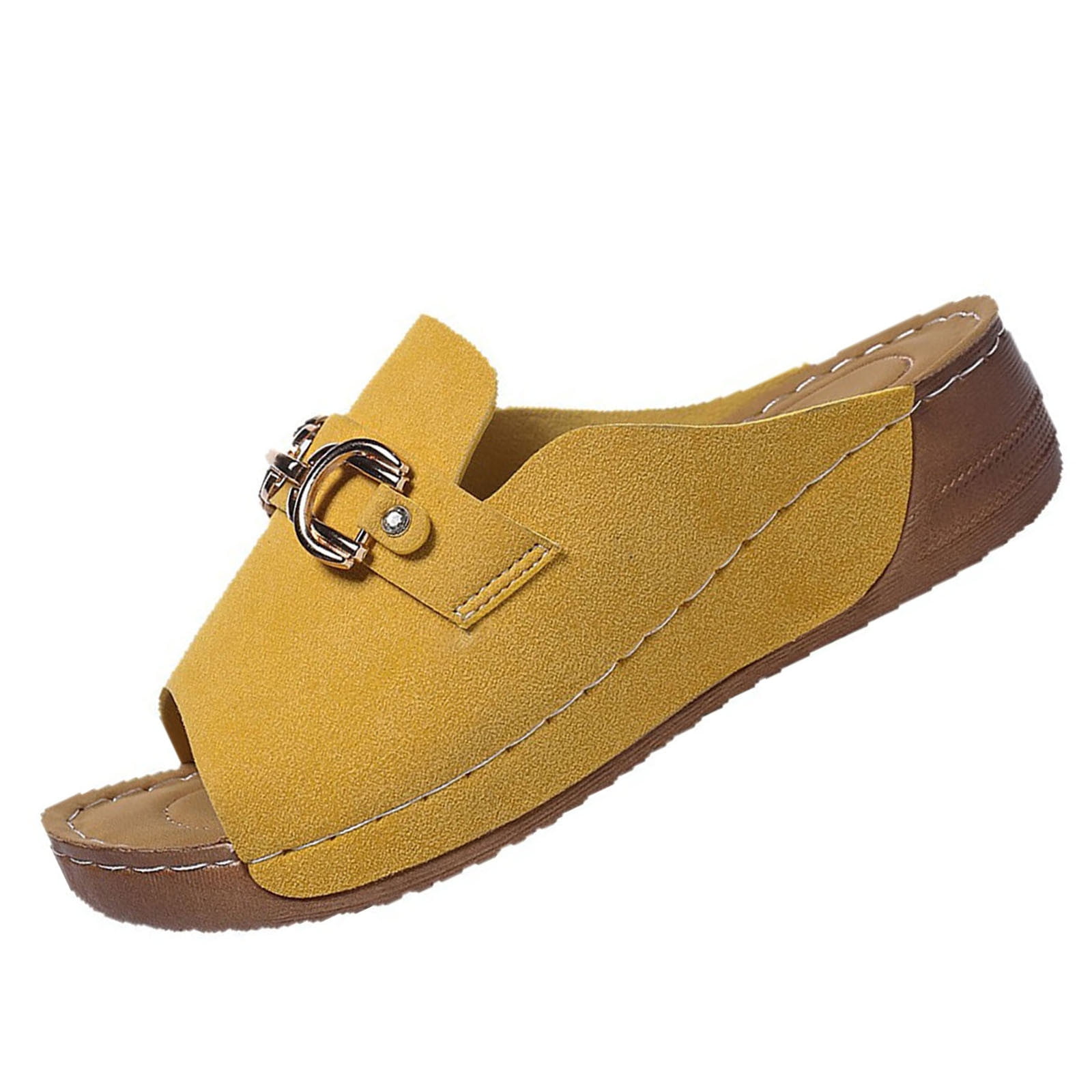 Yellow Women'S Open Toe Mules With Metallic Buckle Wedge Heel Thick ...