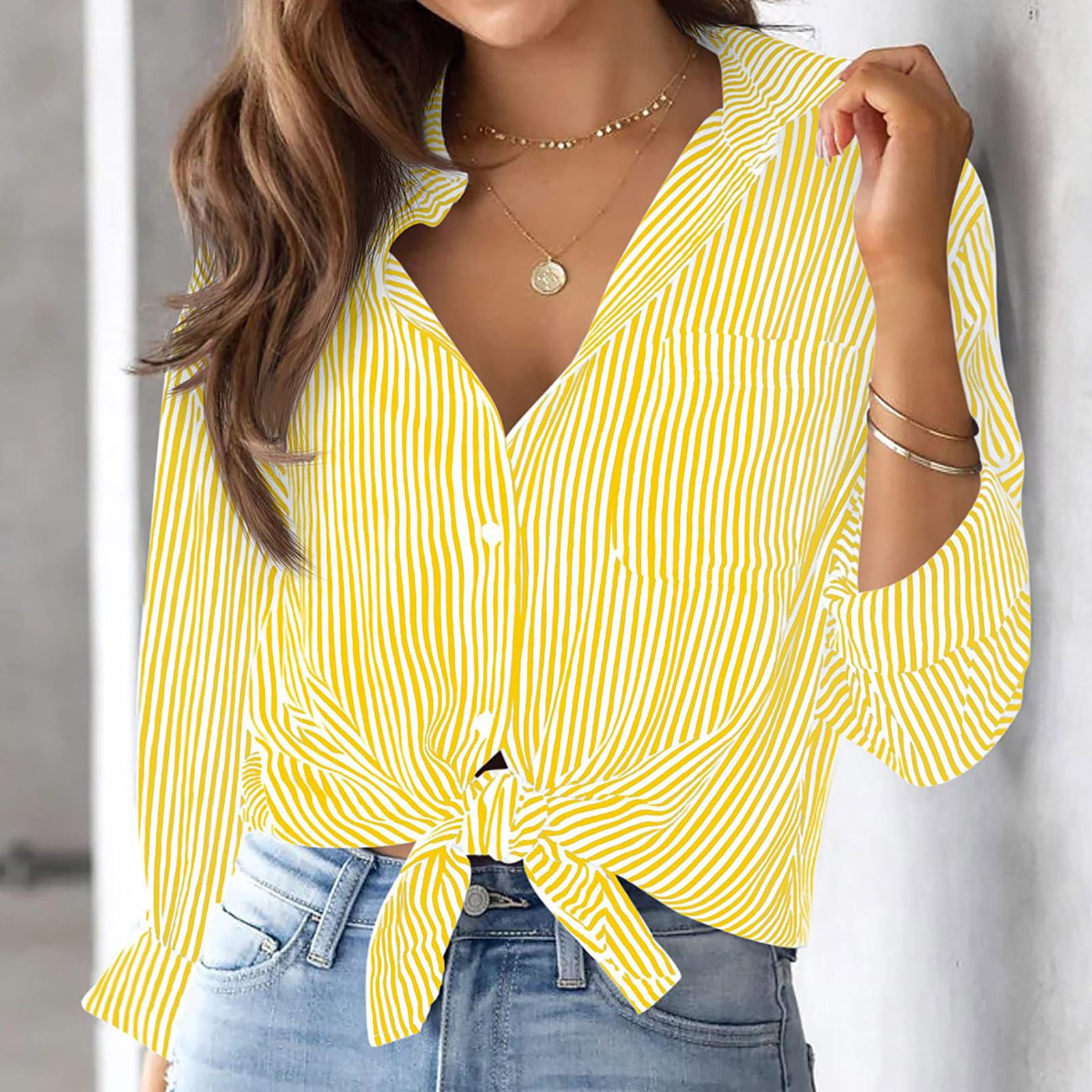 Yellow Women Shirts, Cotton Striped Button Down Shirt For Women Little ...