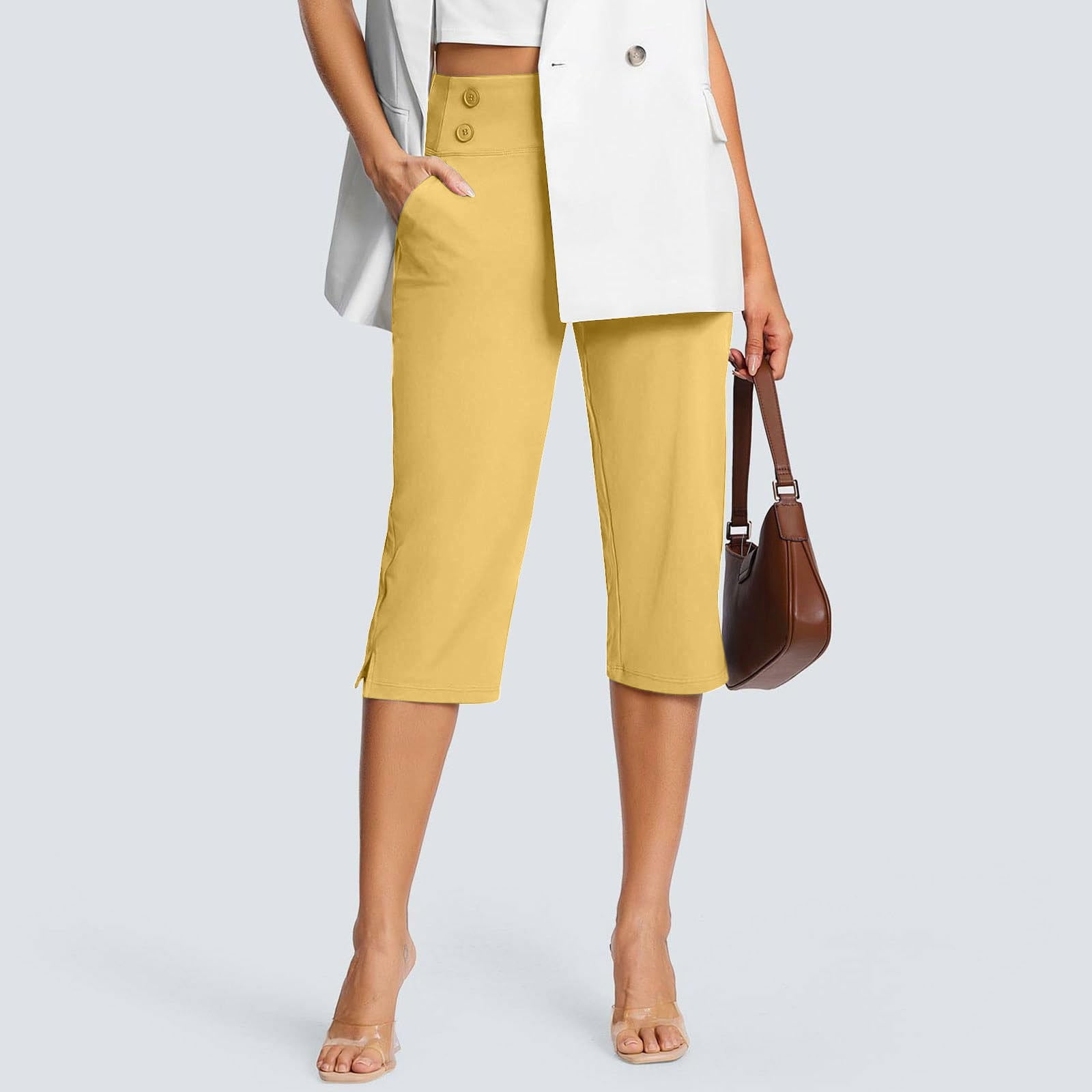 Yellow Women's Shorts Pants for Women High Waisted Crop Work Pants ...