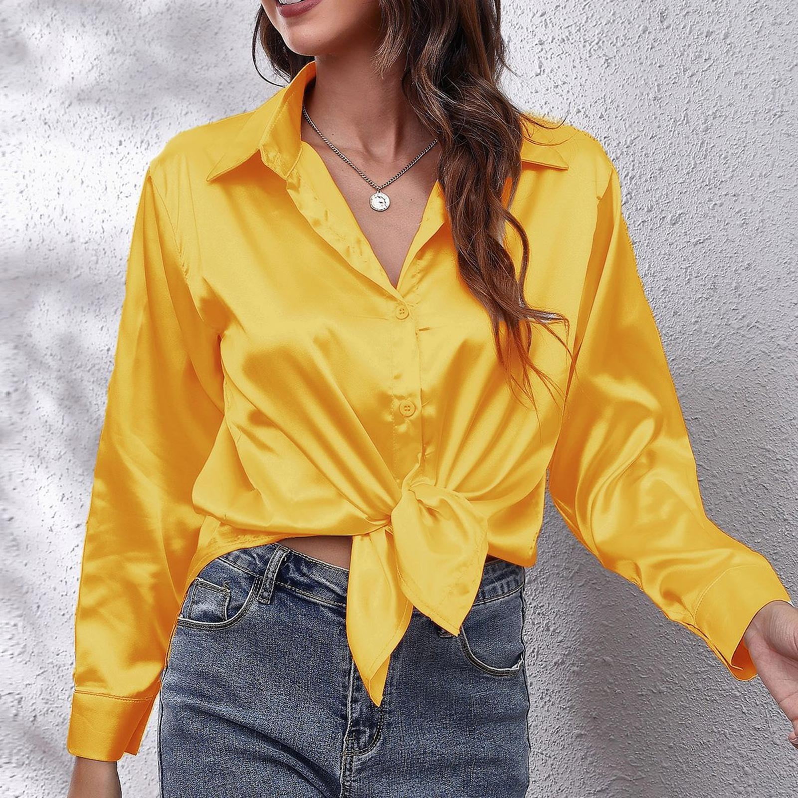Satin Blouses for Women, Button Down Long Sleeve Silky Shirts V Neck ...