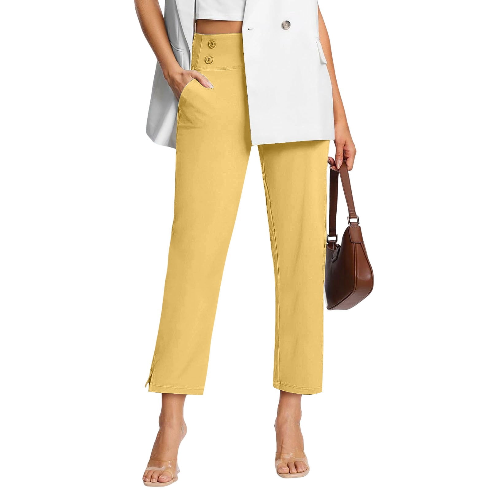 Yellow Womens Pants High Waisted Crop Work Pants Summer Casual Slacks ...