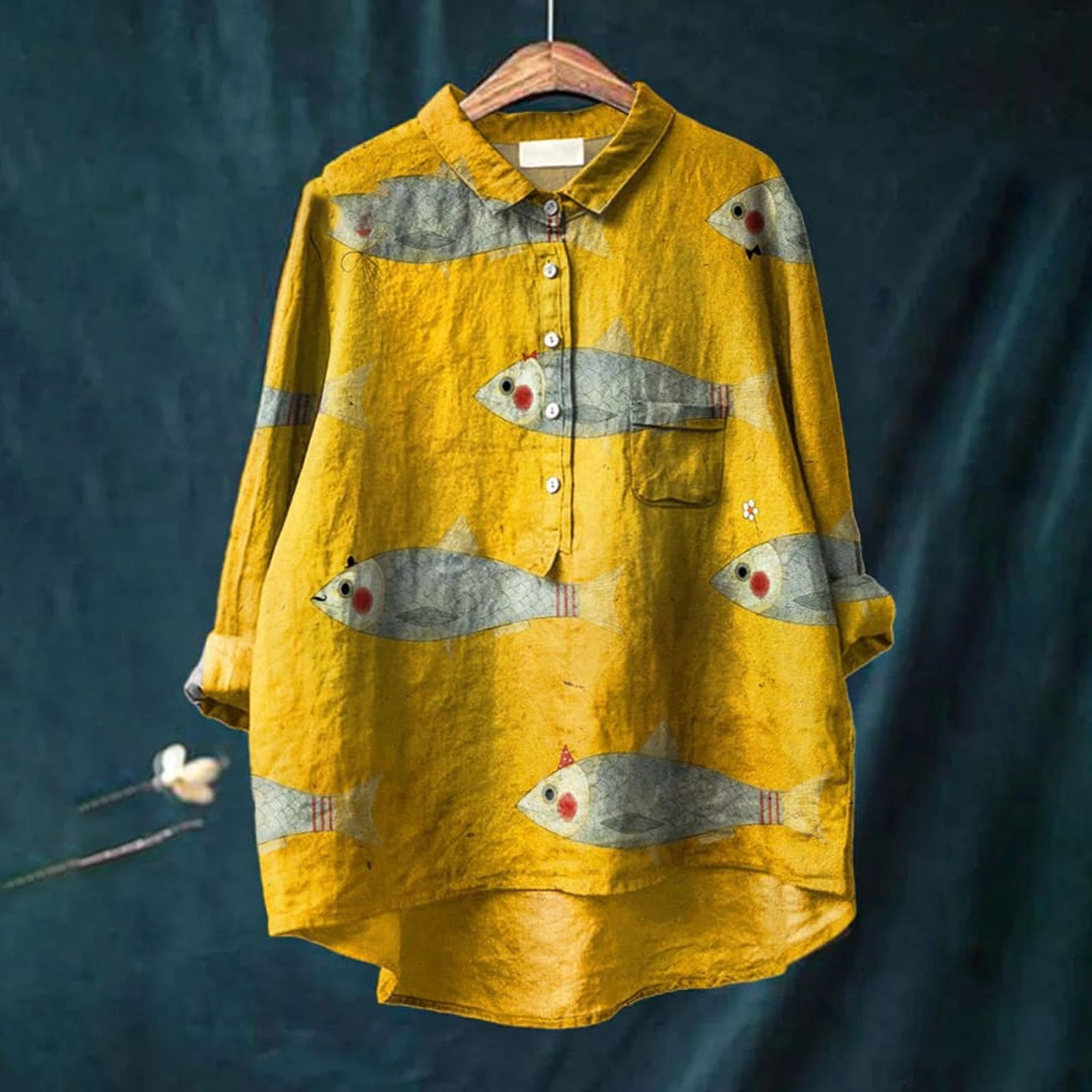 Yellow Womens Shirts Linen T Shirt For Women's Vintage Fish Art Print ...