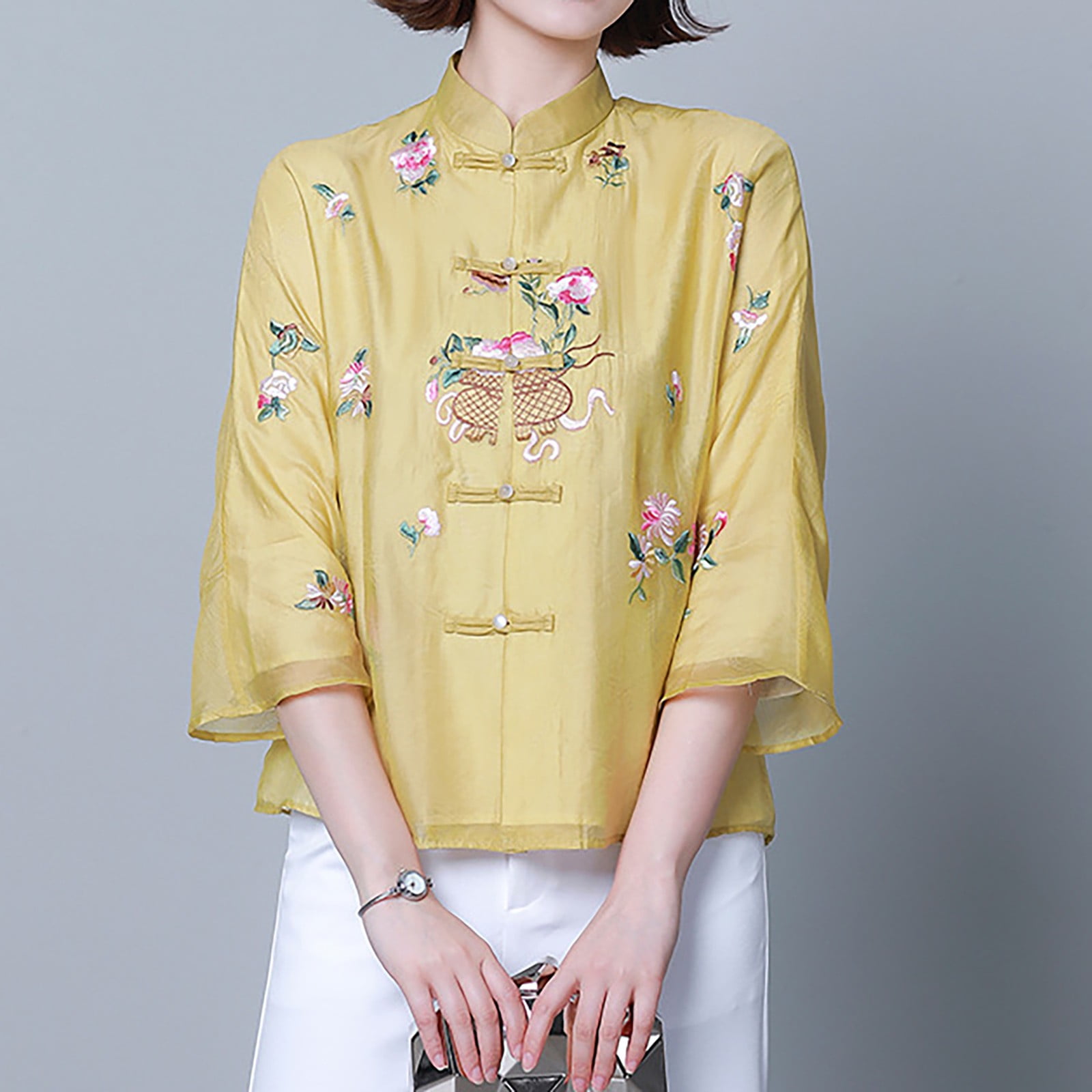 Yellow Womens Tops Women's Spring/Summer Retro Chinese Embroidery ...