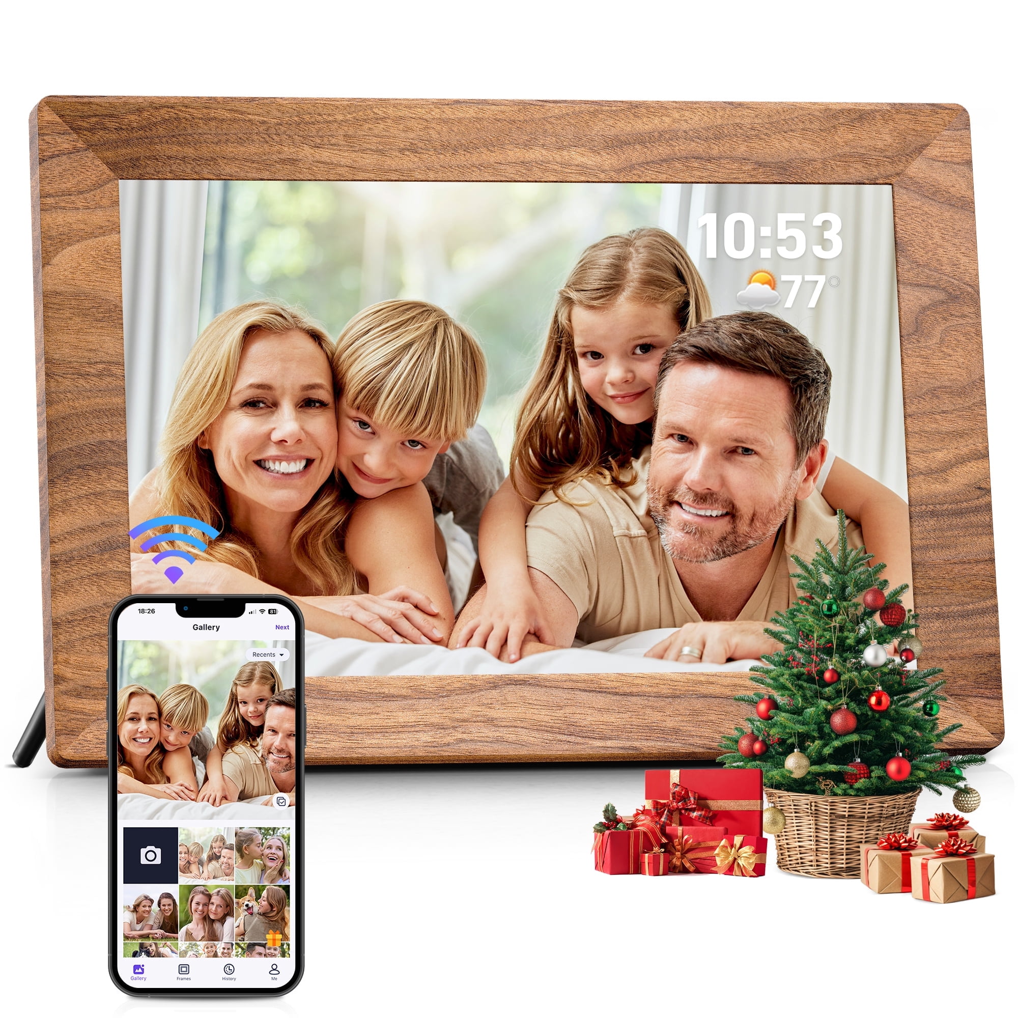 TEMASH Smart Digital Picture Frame WiFi, 10.1 inch Wood Grain Plastic ...