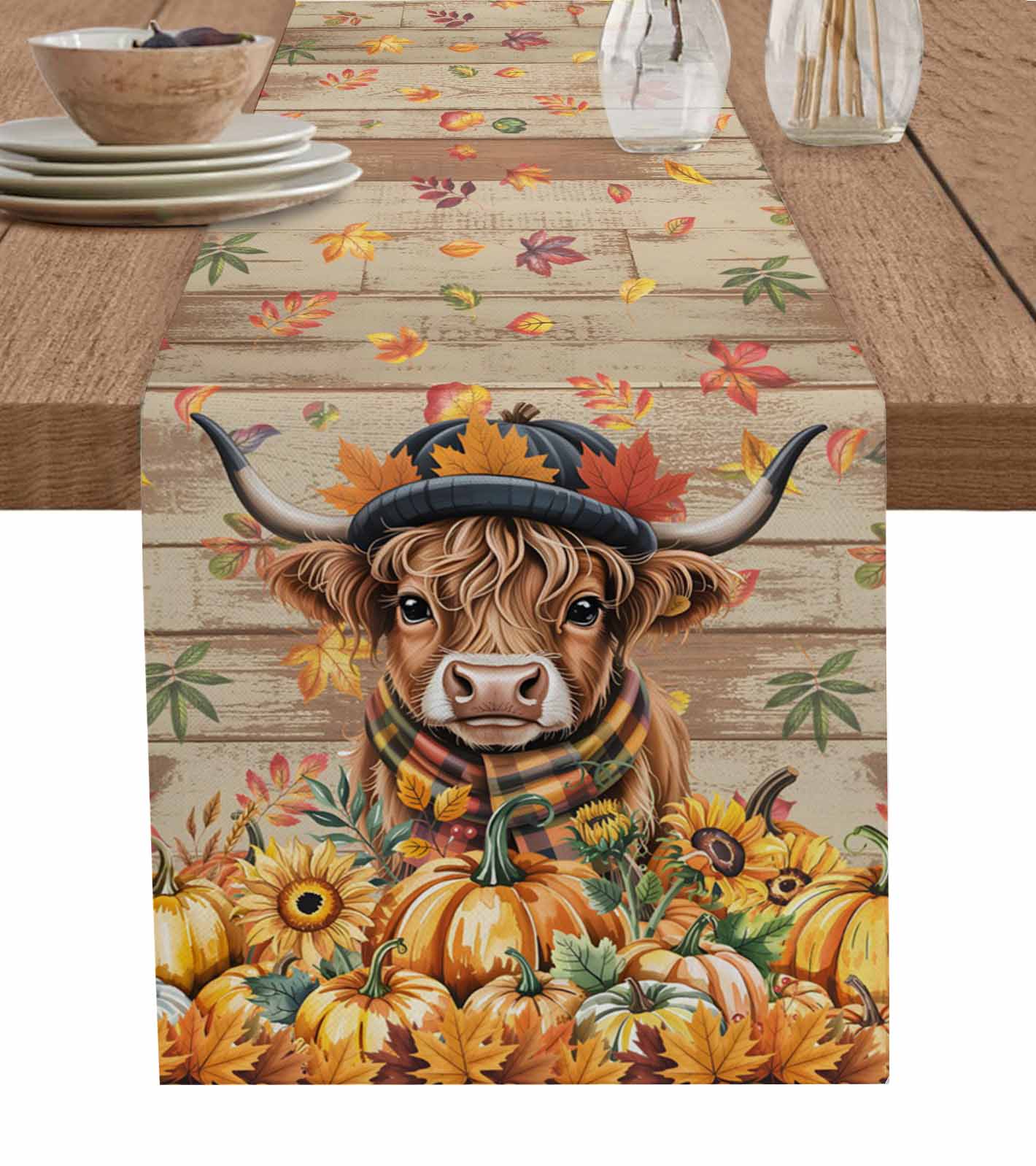 Yellow Yak Fall Table Runner 72 Inches, Thanksgiving Pumpkins Maple ...