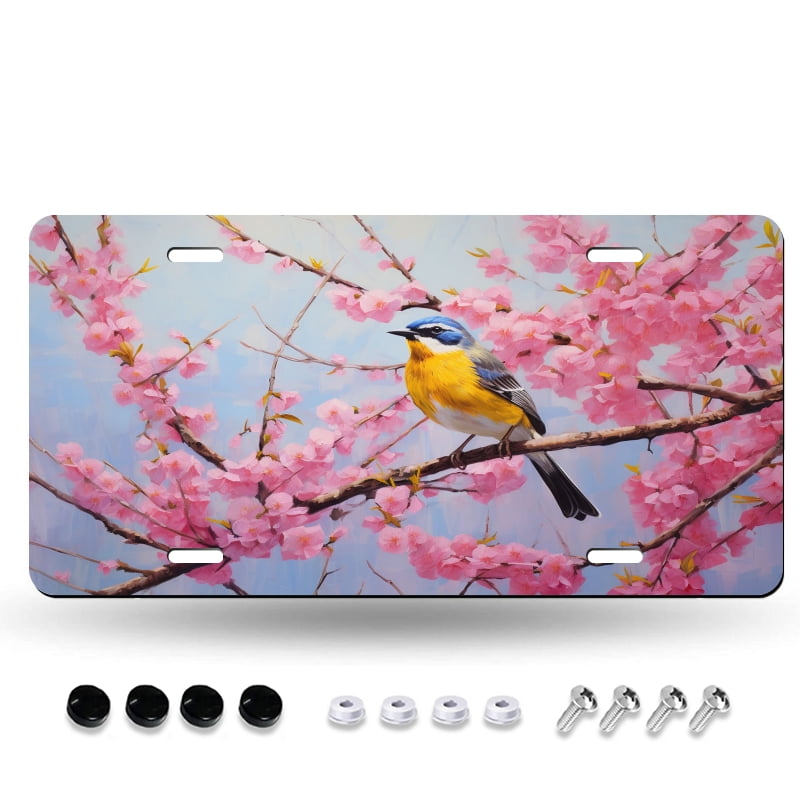 Yellow and Blue Bird Sitting on Cherry Blossom Tree Front License Plate ...