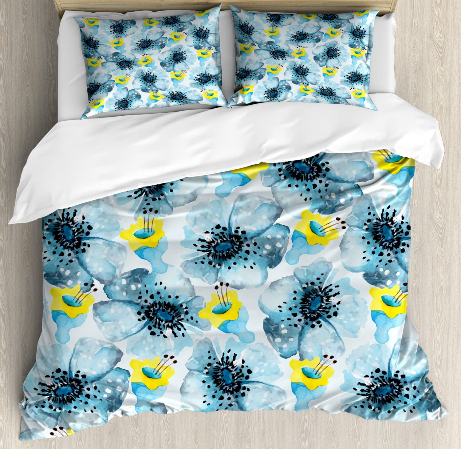 Yellow and Blue Duvet Cover Set Spring Flower Watercolor Flourishing ...