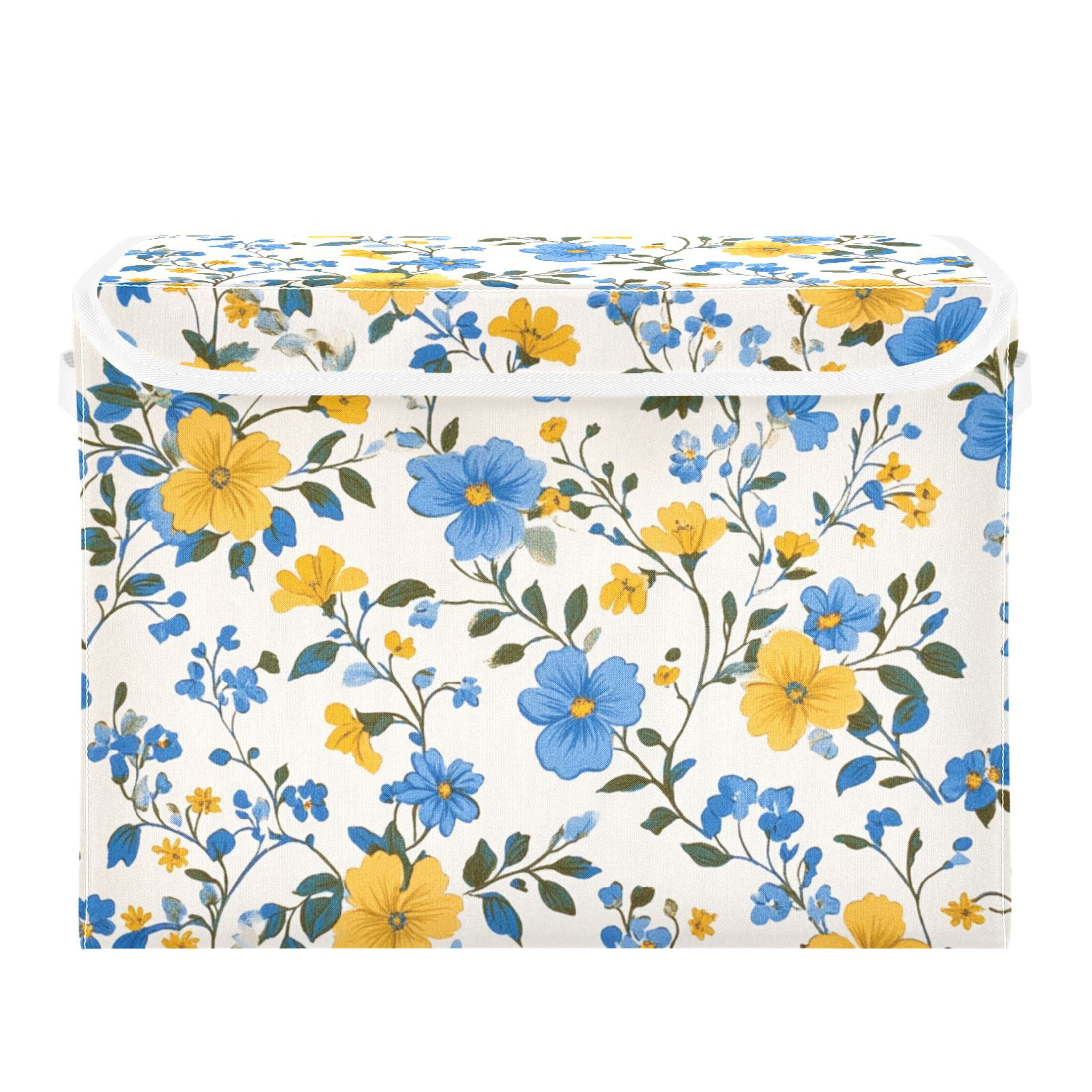Yellow and Blue Florals Leaves Pastel Foldable Storage Bin with Lid and ...