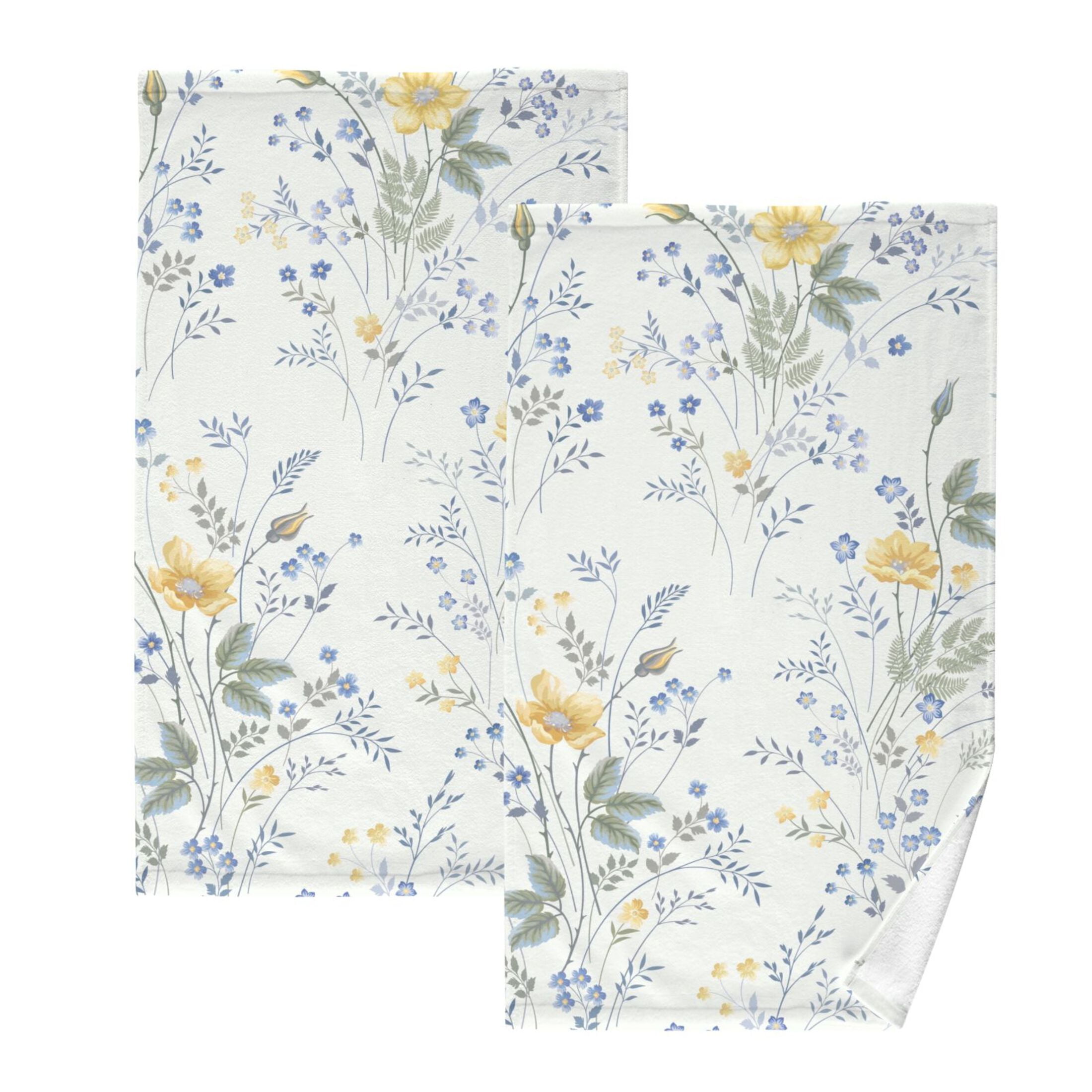 Yellow and Blue Flowers Floral Bath Hand Towels 2 Pcs Absorbent Face ...