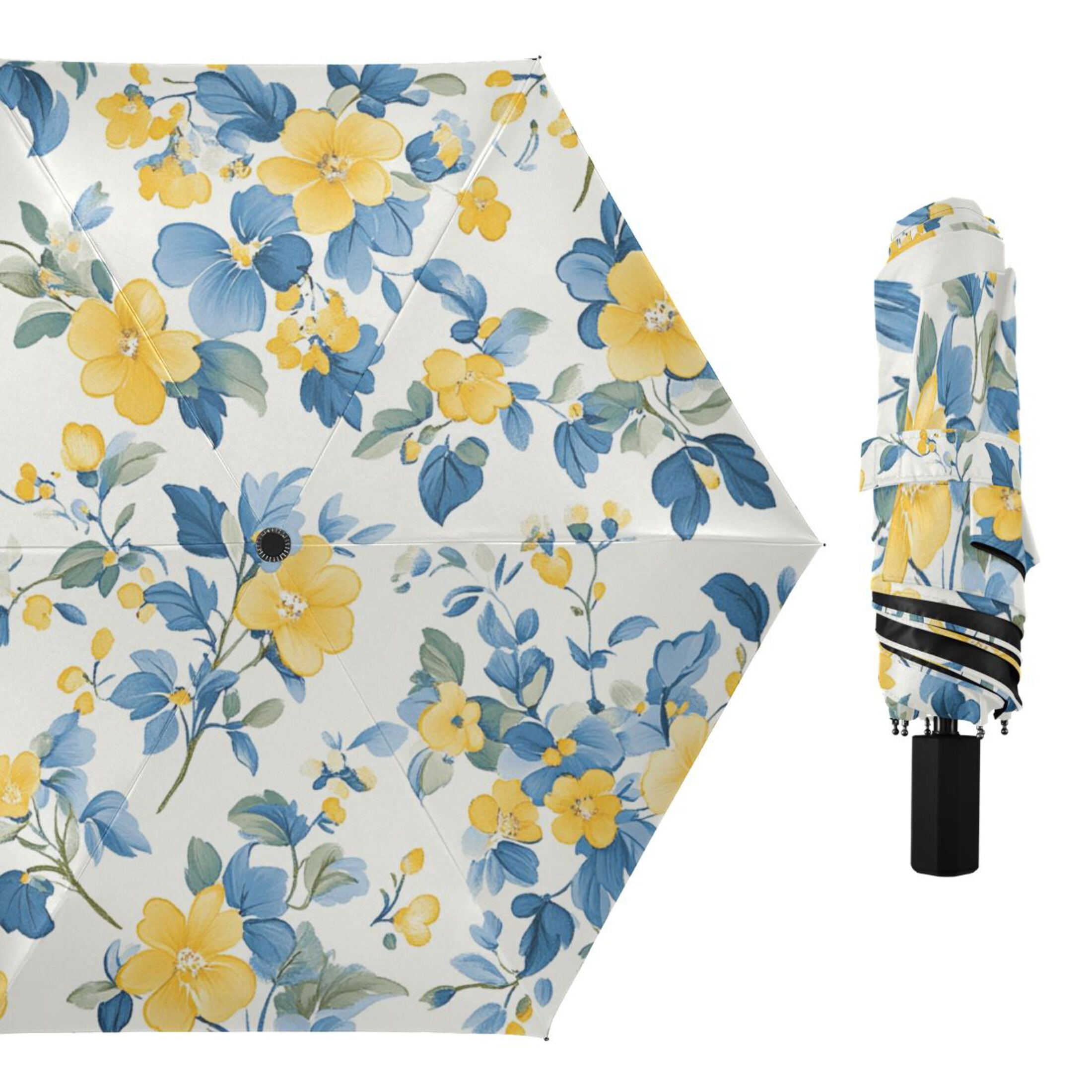 Yellow and Blue Flowers Green Leaves All Weather Umbrella Triple ...