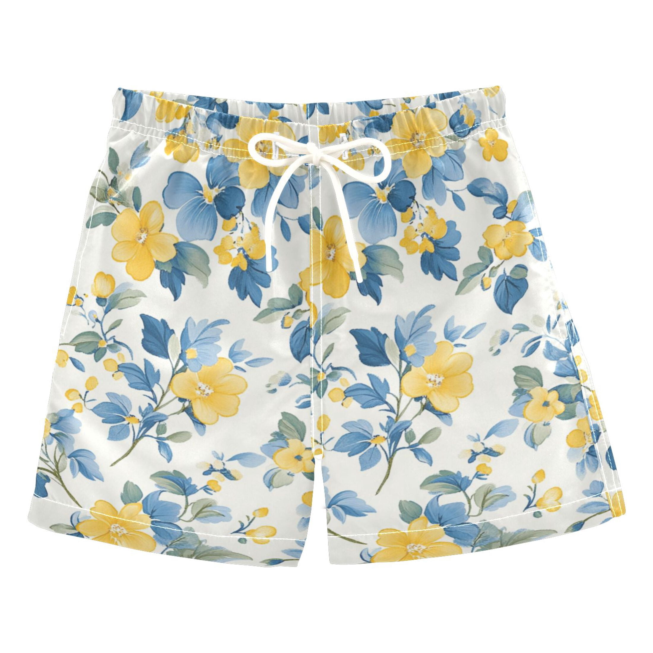 Yellow and Blue Flowers Green Leaves Boys' Swim Trunks Board Shorts ...