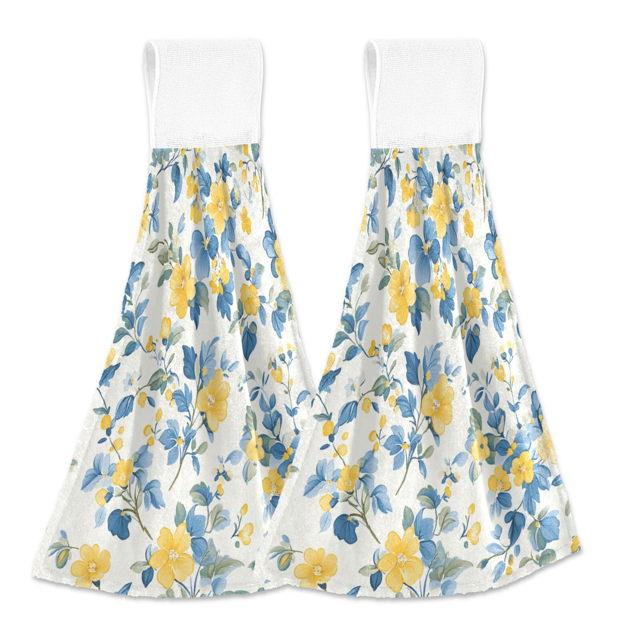 Yellow and Blue Flowers Green Leaves Hanging Towels with Loop Hand ...