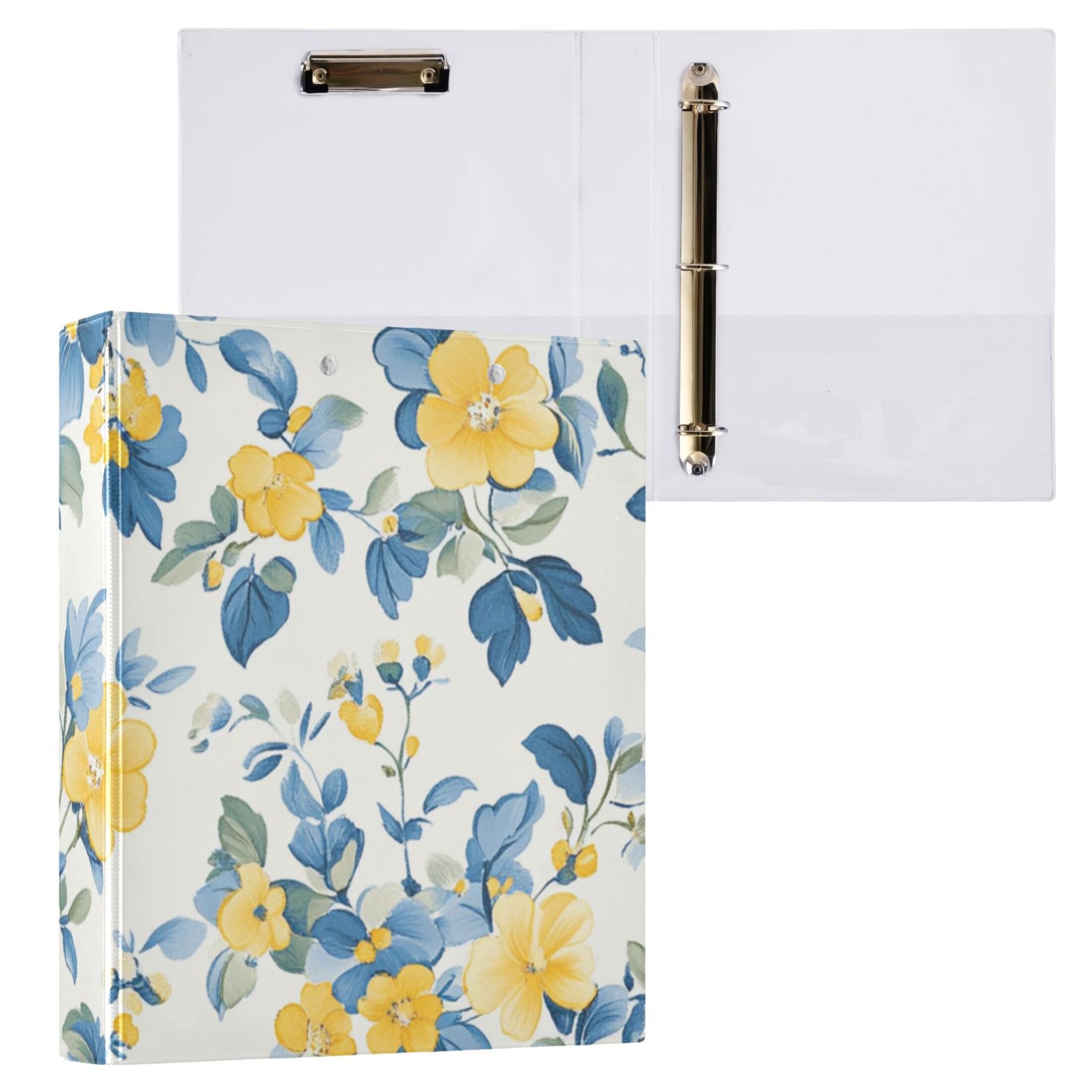 Yellow and Blue Flowers Green Leaves Round Ring Binder 3 Rings 1.5 ...