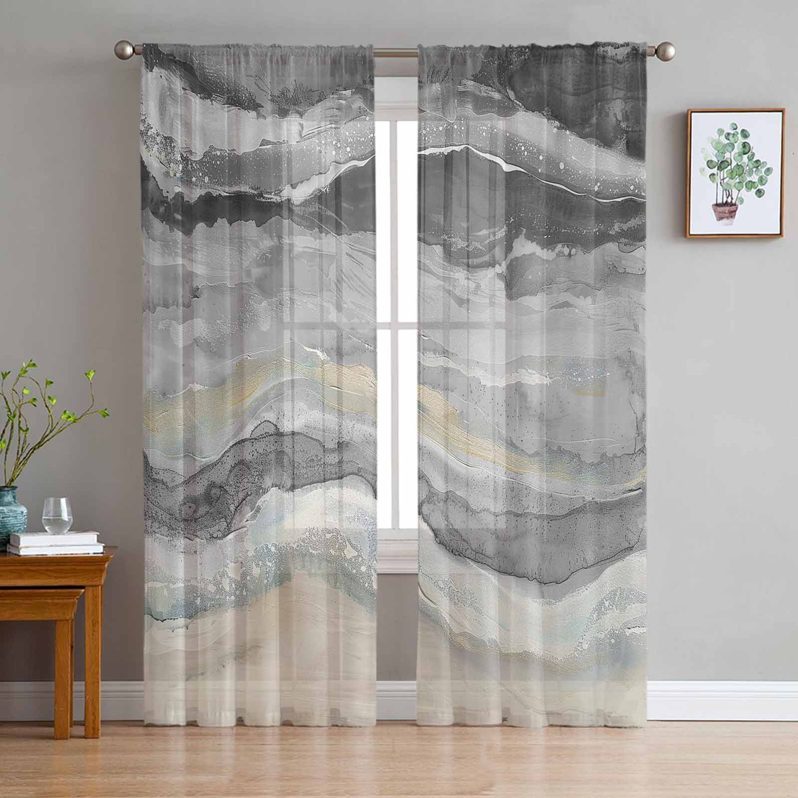 Yellow and Blue Marble Texture Sheer Curtain for Living Room Bedroom ...