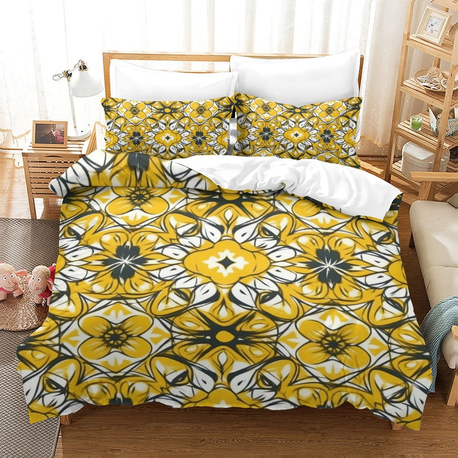 Yellow and Pink Flower Printed Duvet Cover Set Adult Bedding Set ...