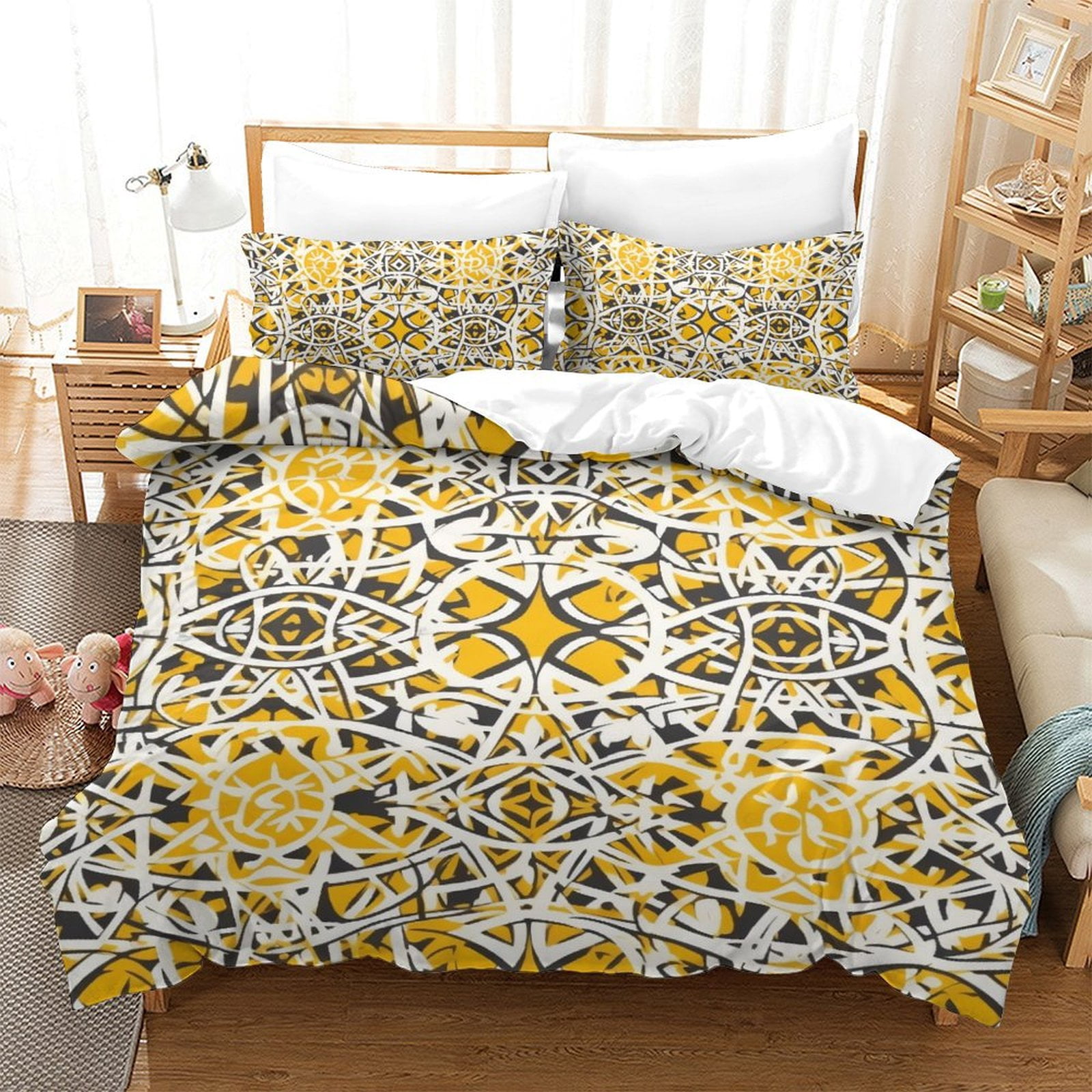 Yellow and Pink Flower Printed Duvet Cover Set Adult Bedding Set ...