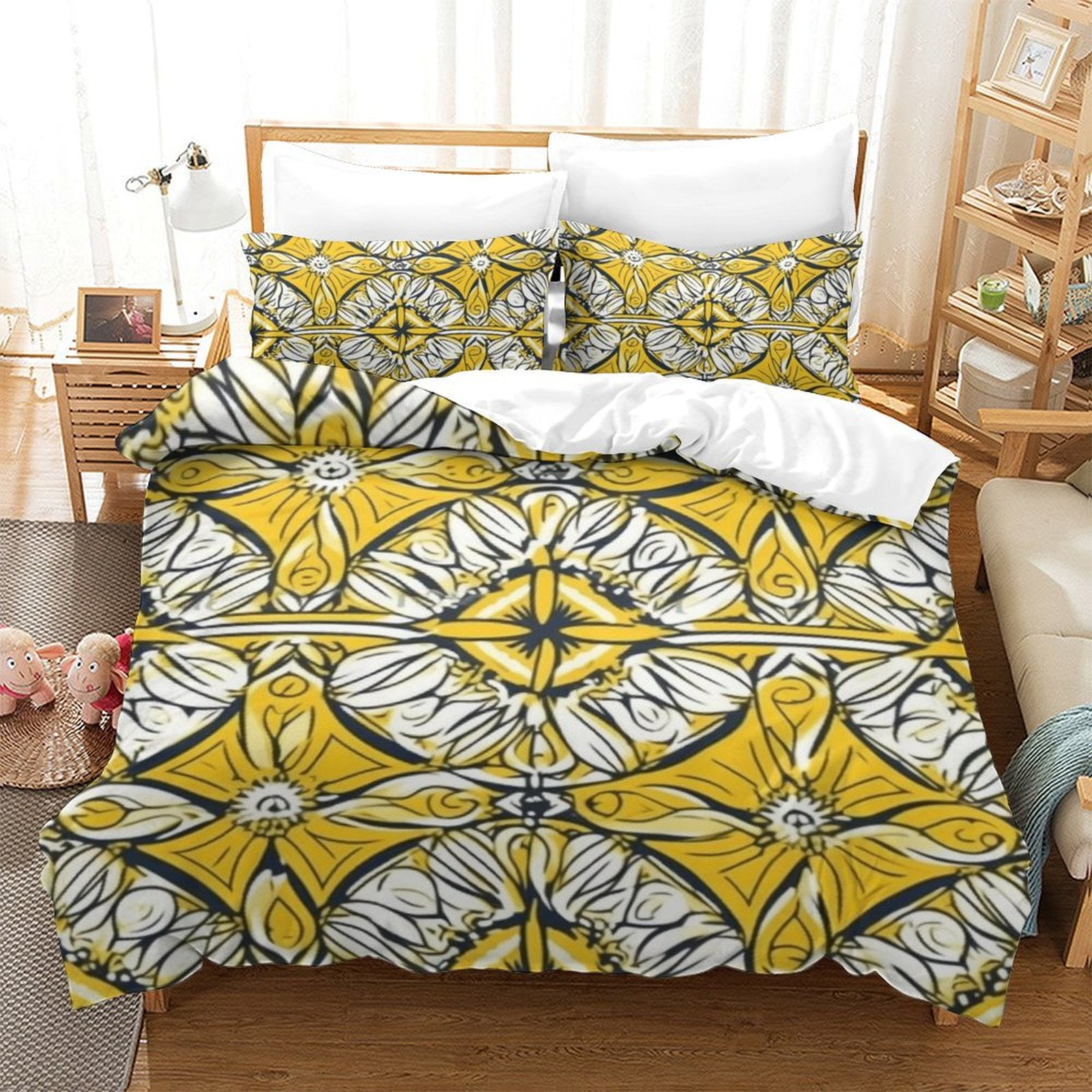 Yellow and Pink Flower Printed Duvet Cover Set Adult Bedding Set ...