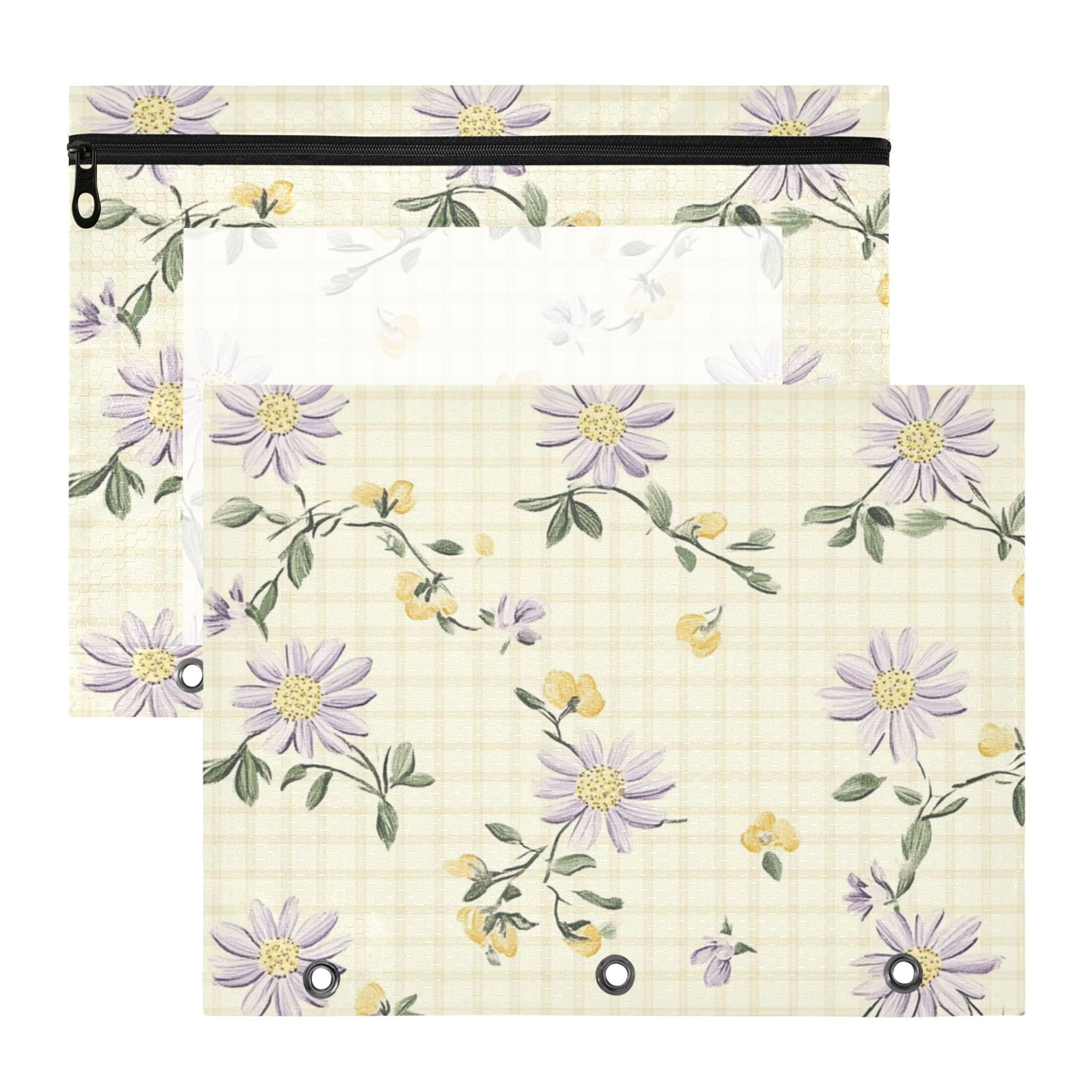 Yellow and Purple Flowers Plaids 3-Ring Binder Pouches A4 Size Zipper ...