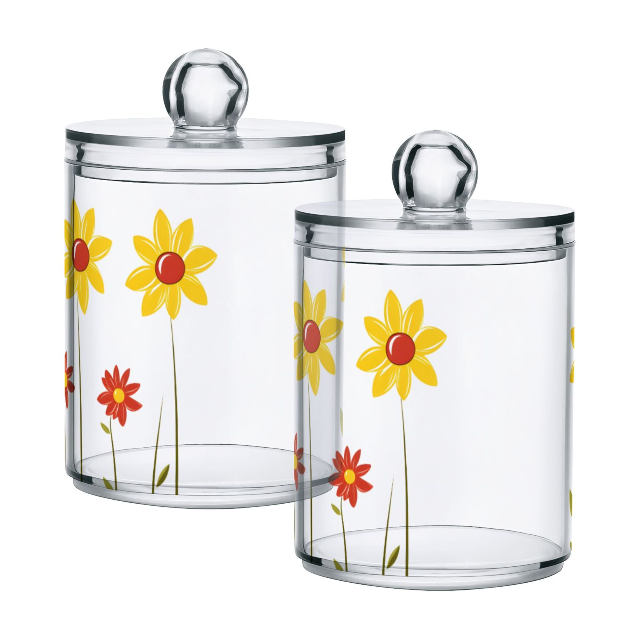 Yellow and Red Flowers Cotton Swabs Cans Translucent Plastic Canisters Dustproof Lid for ...