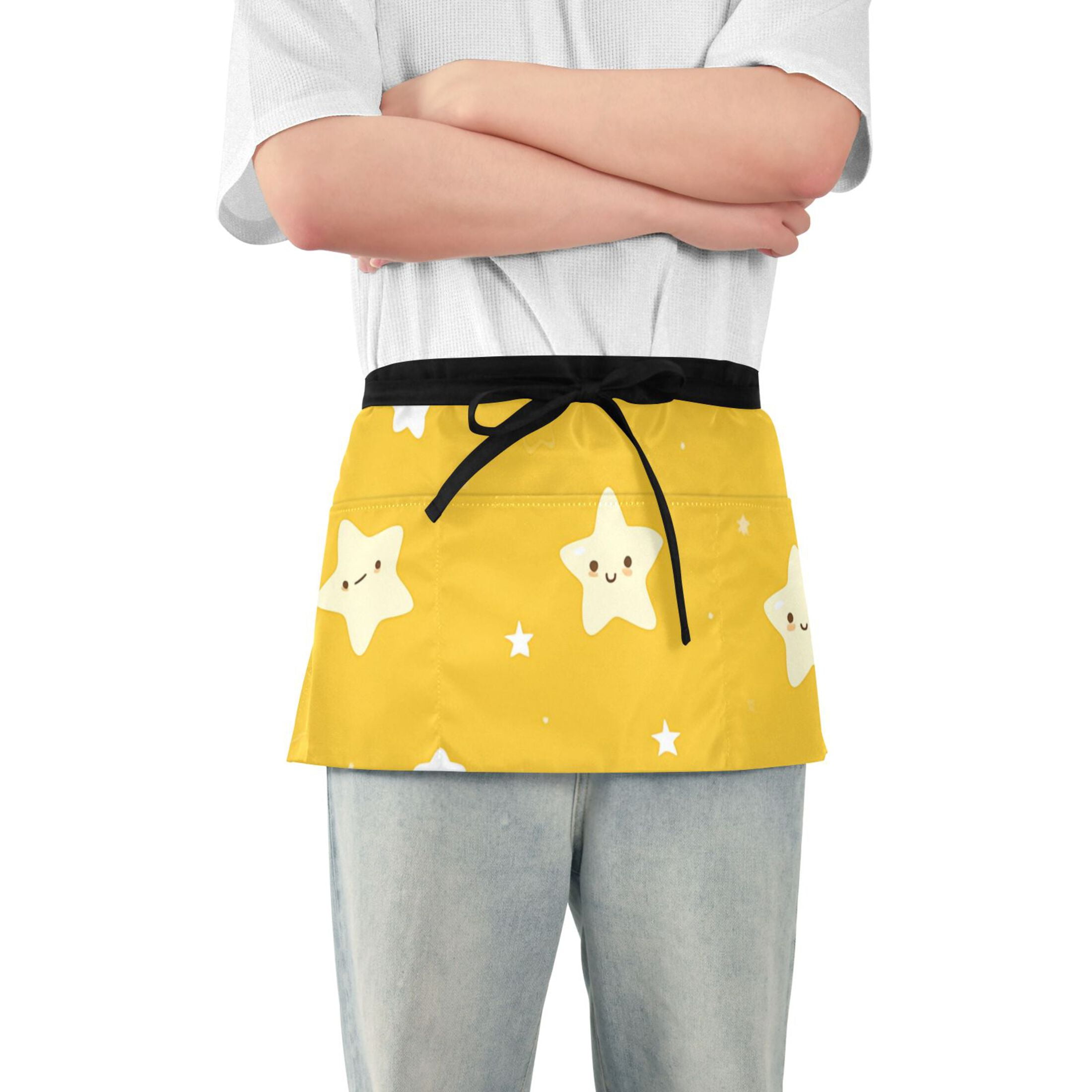 Yellow and White Stars Short Server Apron with 3 Pockets for Unisex ...