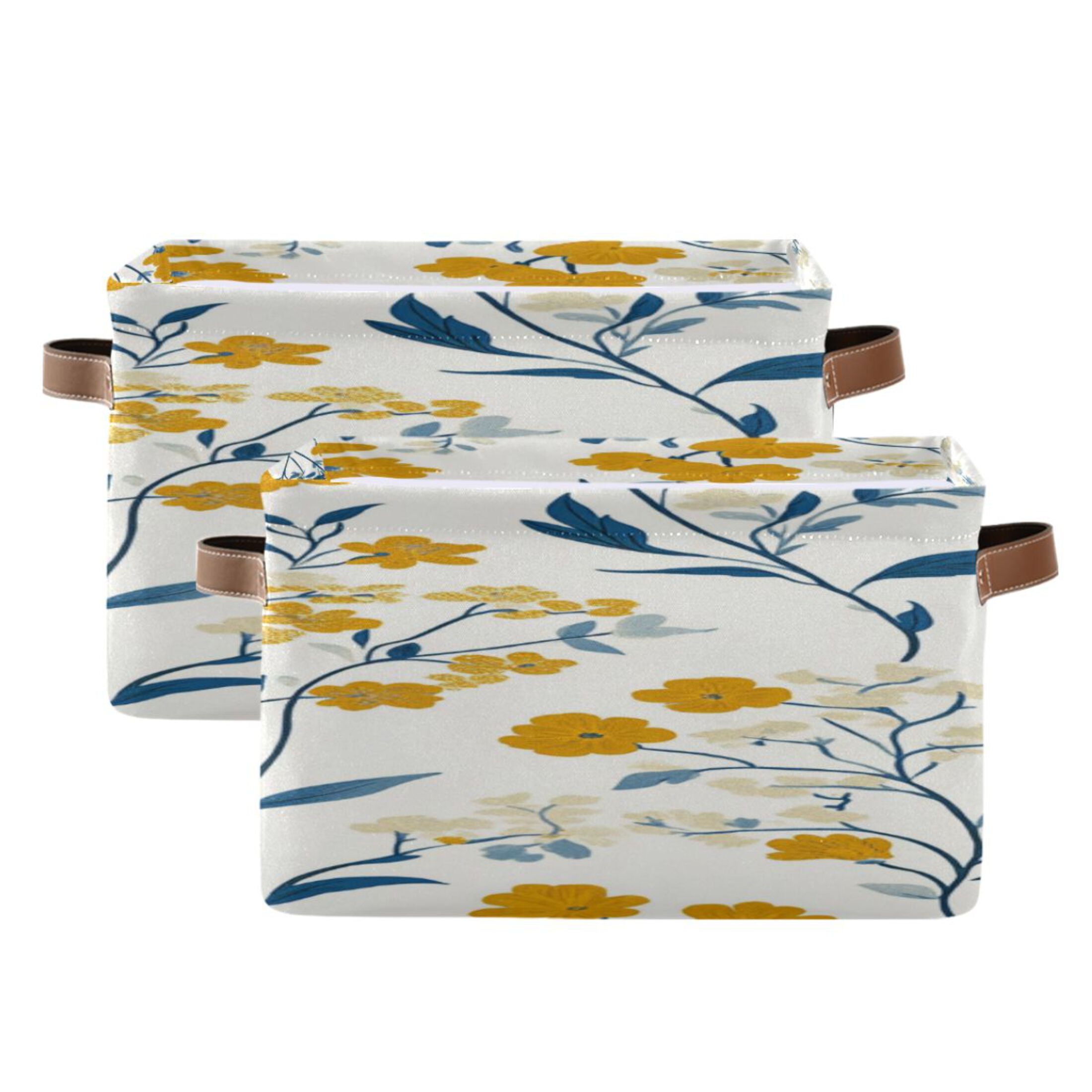 Yellow and White Tiny Florals Square Storage Bins with Handles ...