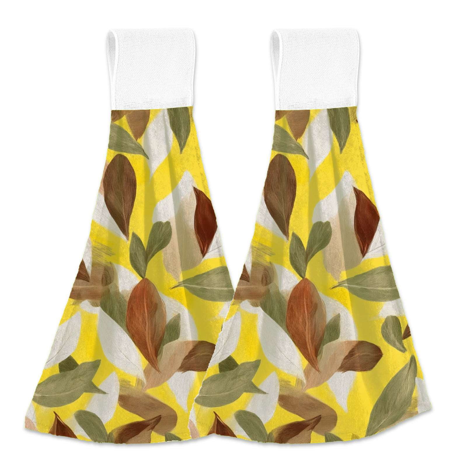 Yellow background leaf pattern art Hanging Kitchen Hand Towels Sets ...