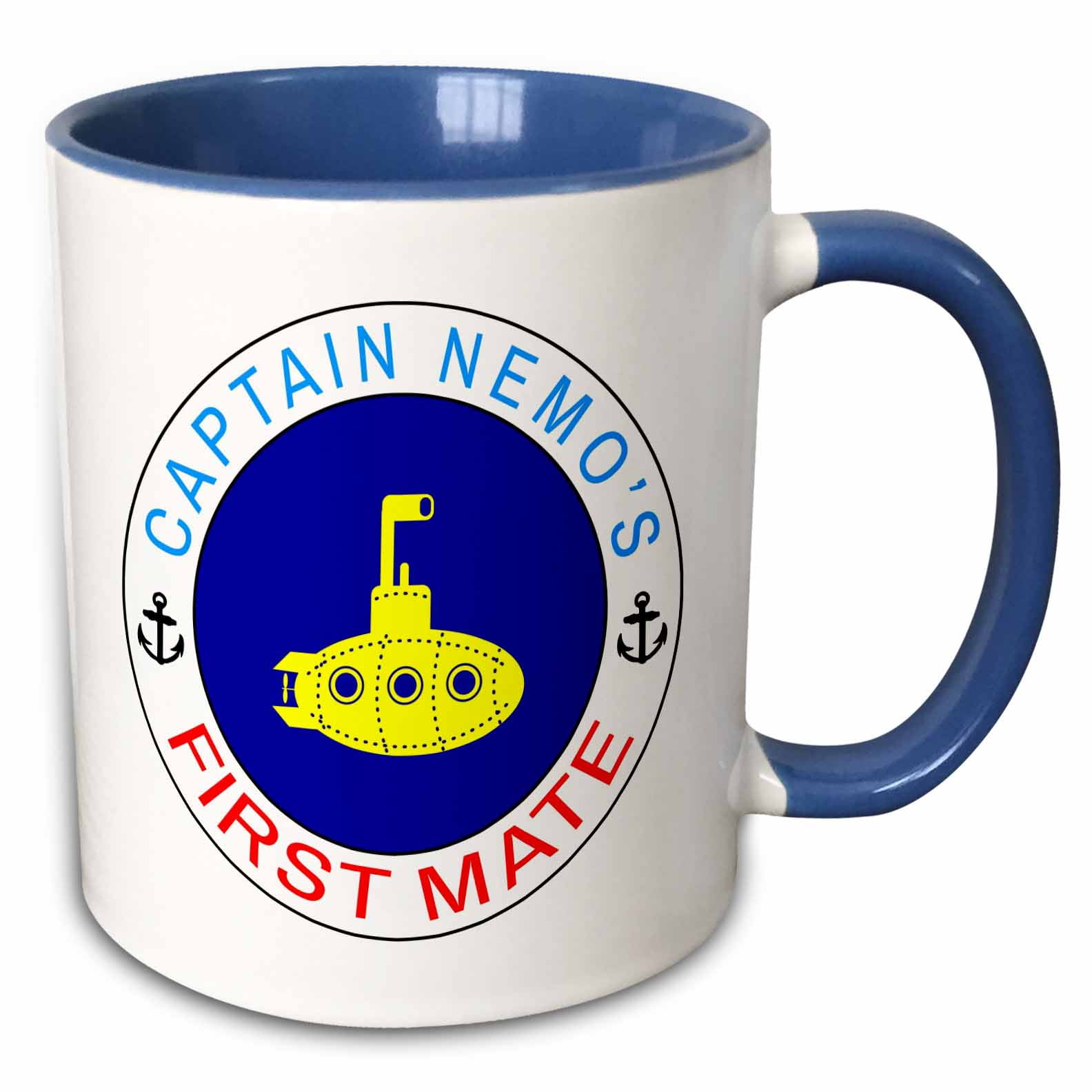 Yellow color submarine, blue circle. Text Captain Nemos First Mate 15oz ...