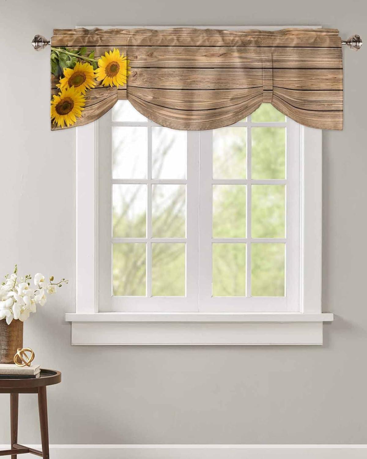 Yellow sunflower valance for living room, vintage wood grain - Walmart.com