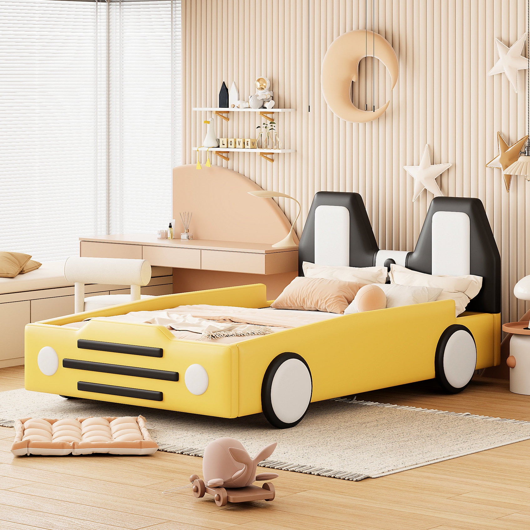 Yellow twin wheeled race car bed / Creates an eye - catching look in ...
