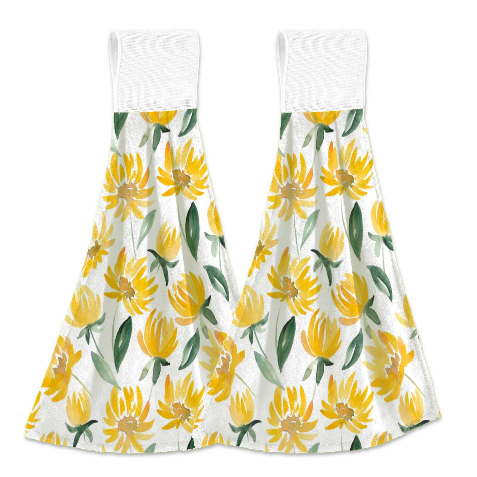 Yellow watercolor flowers and leaves Hanging Kitchen Hand Towels Sets ...