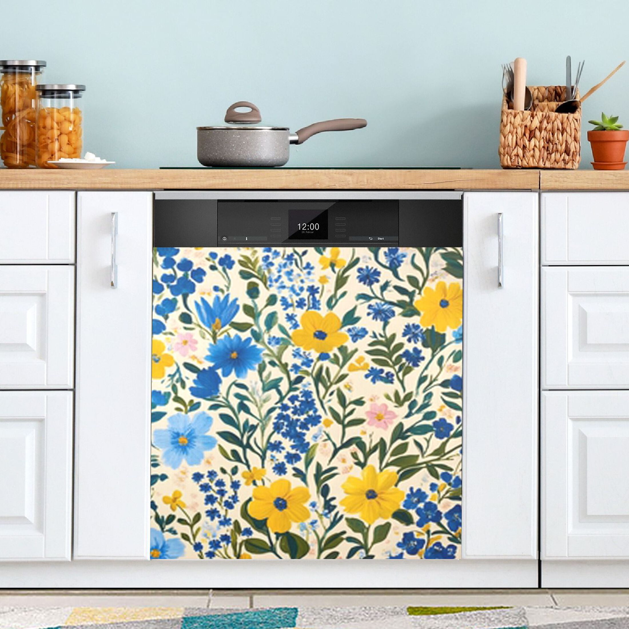 Yellow with Blue Flower Dishwasher Magnet Cover Reuseable Refrigerator ...