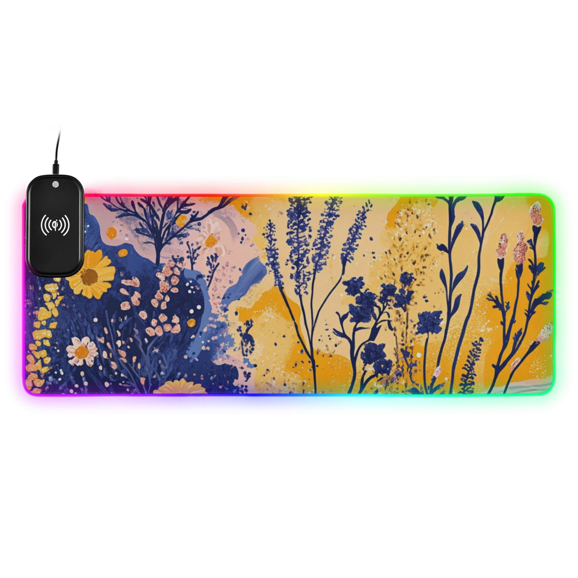 Yellow with Blue Flowers and Plants Wireless Charging RGB Gaming Mouse ...