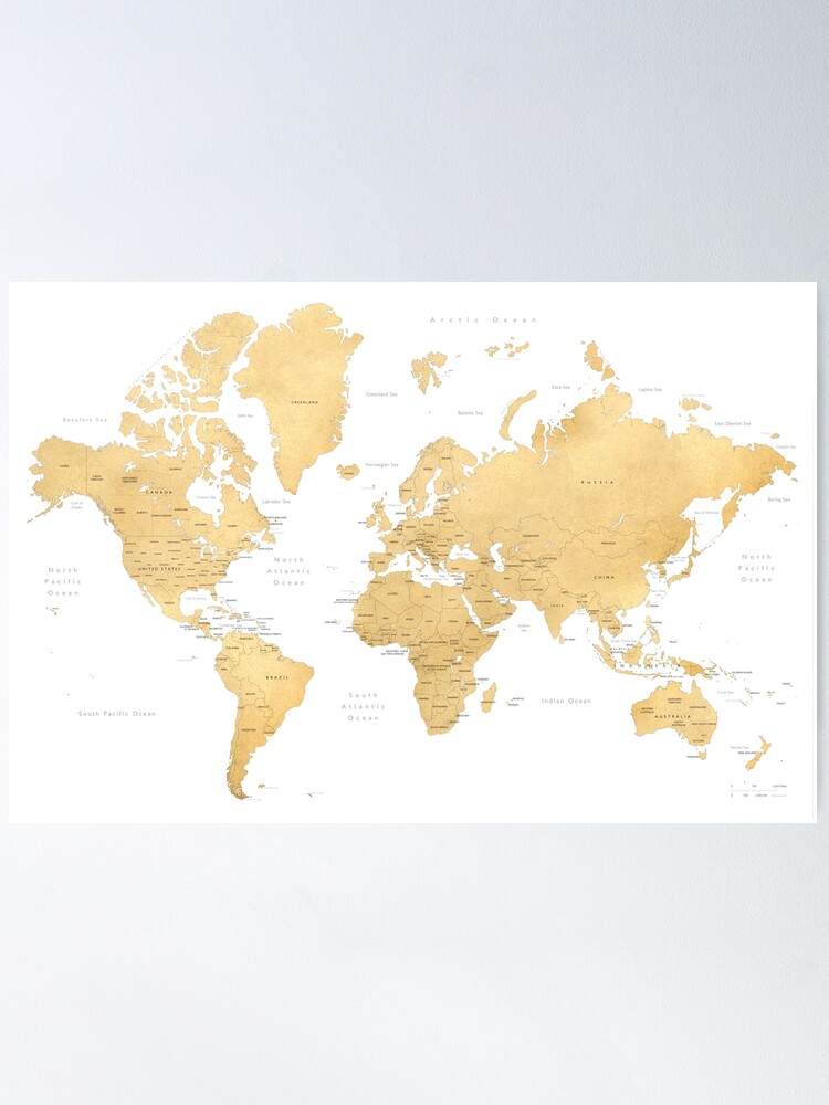 Yellow world map with countries and states labelled Poster - Walmart.com