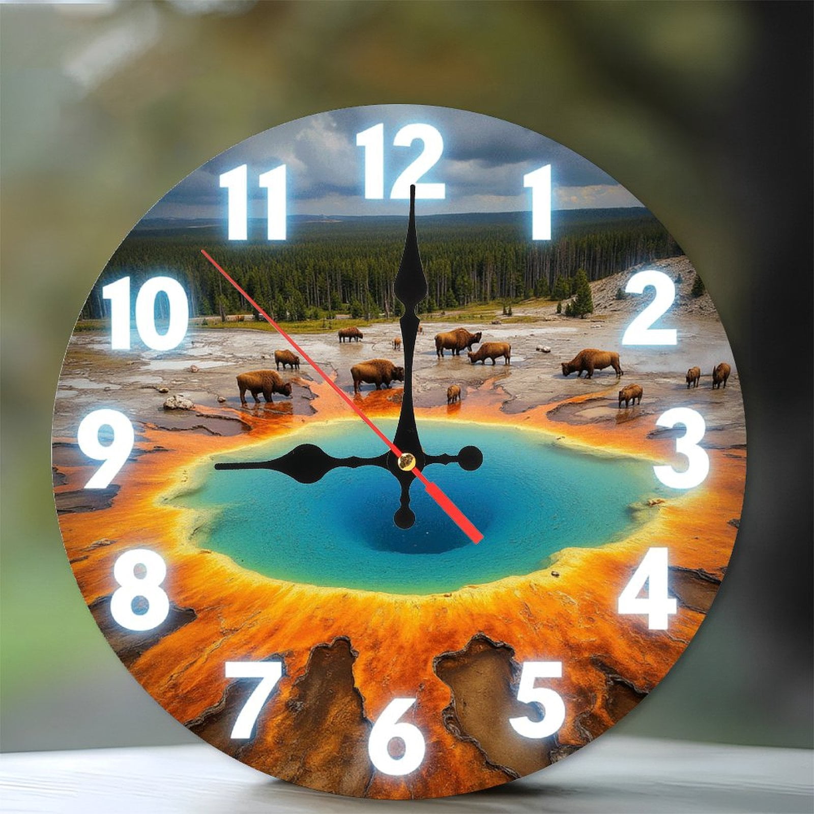 Yellowstone Bison Hot Spring Clock Wall Art 10-Inch Silent Wooden Wall ...
