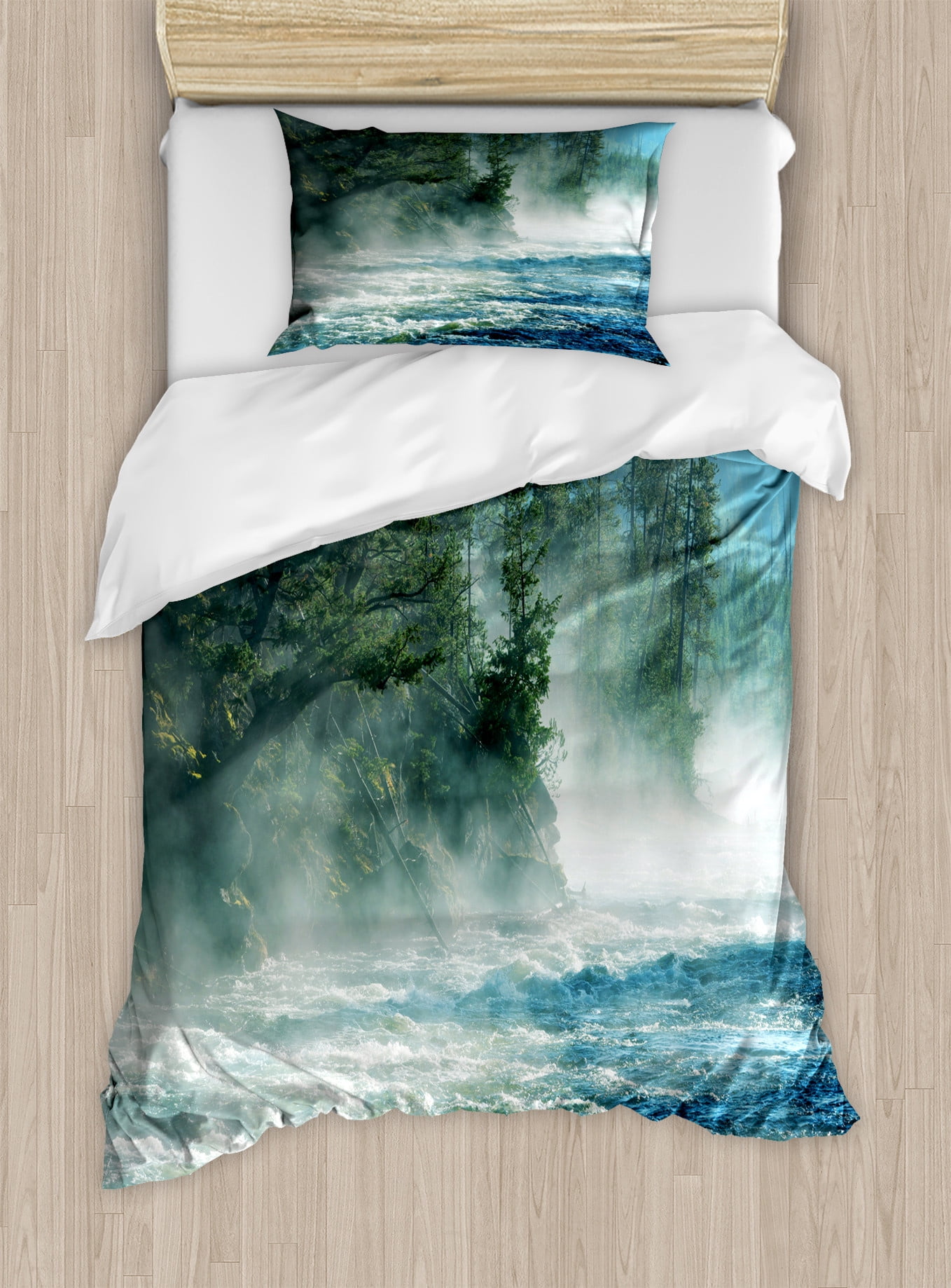 Yellowstone Duvet Cover Set, Fog on Yellowstone River Alpine Trees by ...