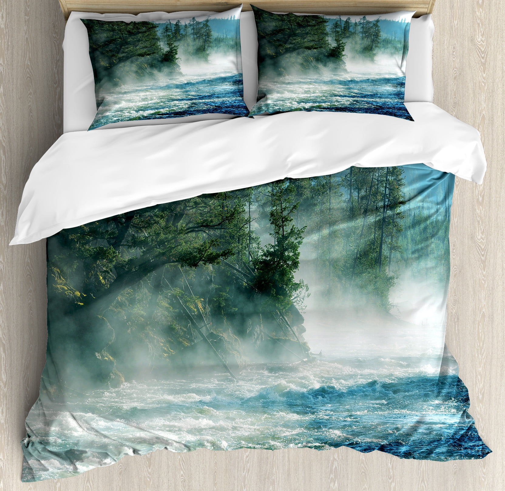 Yellowstone Duvet Cover Set, Fog on Yellowstone River Alpine Trees by ...