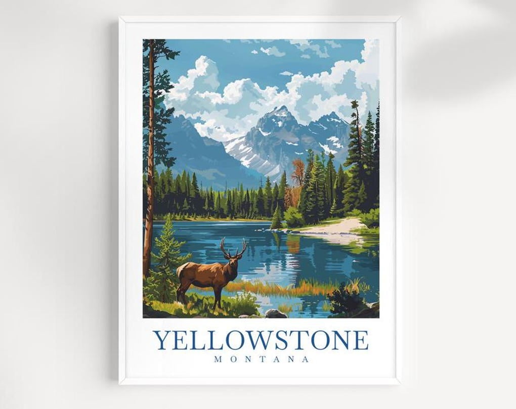 Yellowstone Montana Travel Print Wall Art - Illustrated Deer & Mountain ...