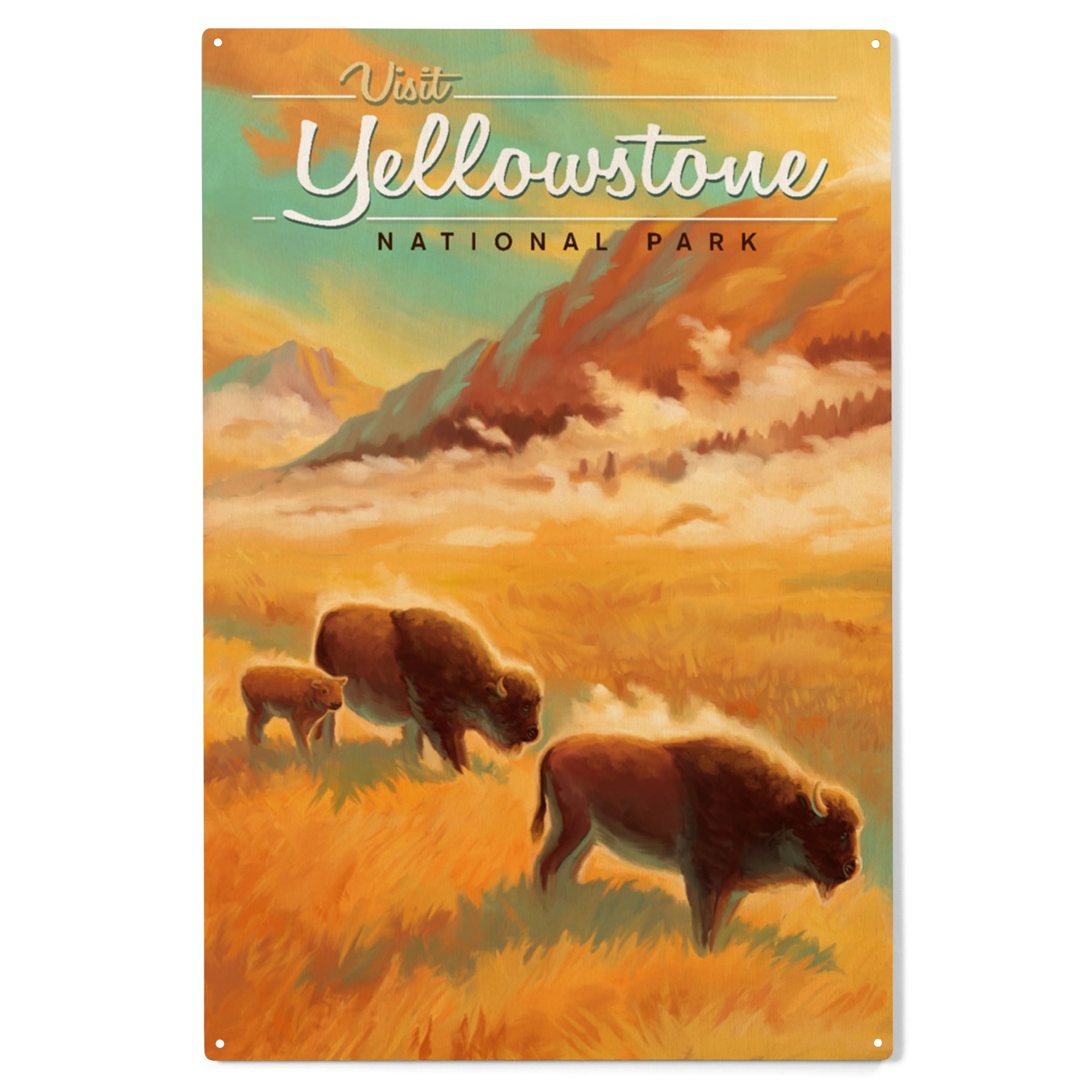 Yellowstone National Park, Bison, Oil Painting Birch Wood Wall Sign ...
