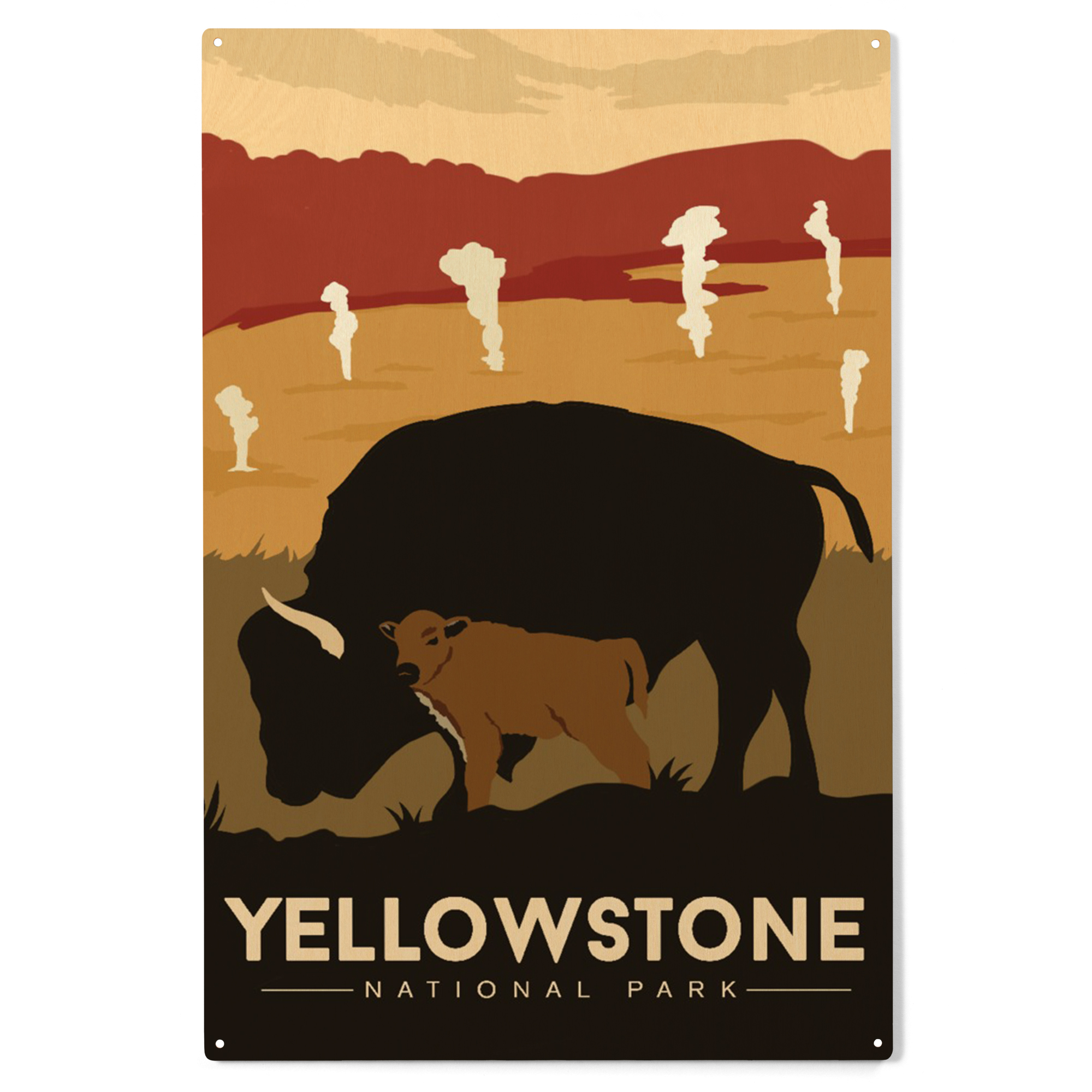 Yellowstone National Park, Bison and Calf Birch Wood Wall Sign (10x15 ...