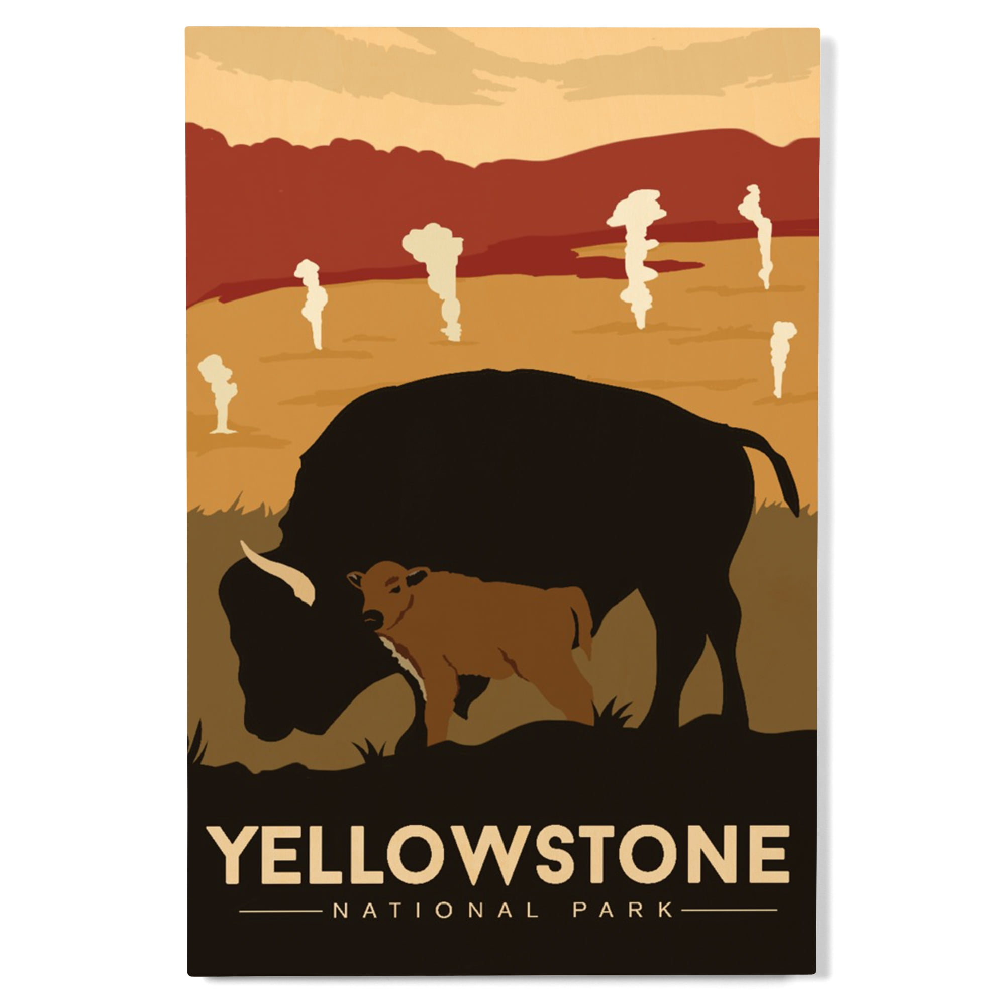Yellowstone National Park, Bison and Calf Birch Wood Wall Sign (12x18 ...