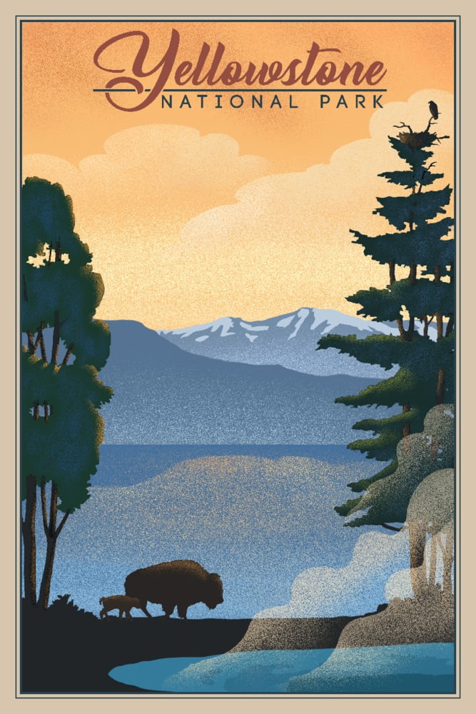 Yellowstone National Park, Bison and Lake, Lithograph National Park ...