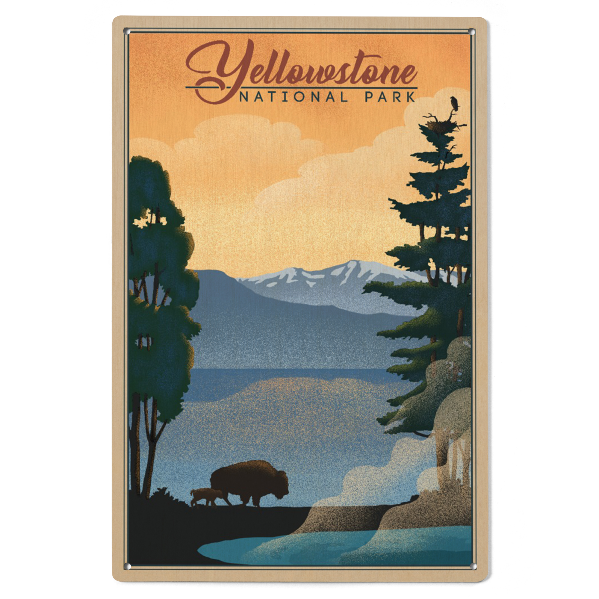 Yellowstone National Park, Bison and Lake, Lithograph National Park ...