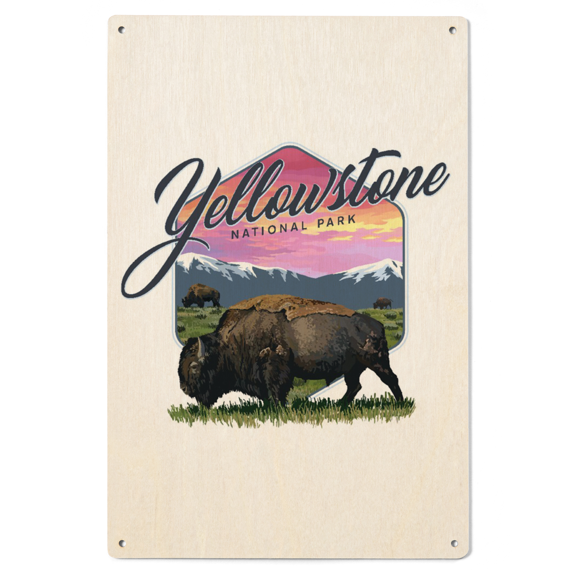 Yellowstone National Park, Bison and Sunset, Contour Birch Wood Wall ...