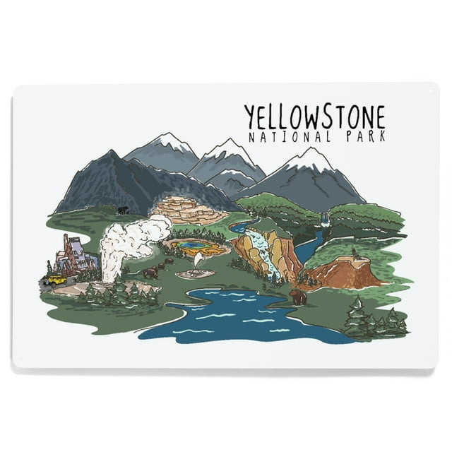 Yellowstone National Park, Line Drawing (12x18 Aluminum Art, Indoor ...