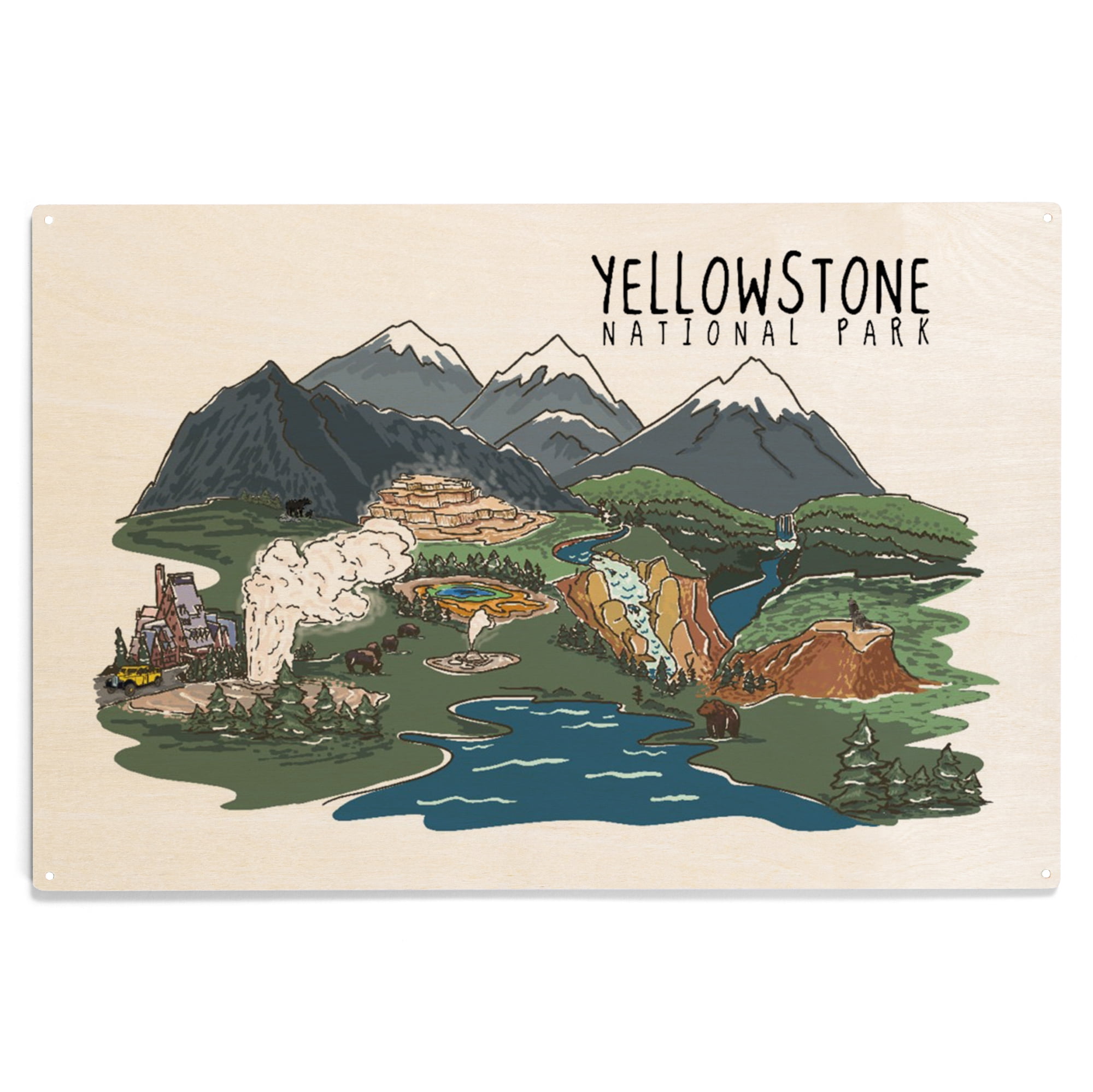 Yellowstone National Park, Line Drawing Birch Wood Wall Sign (10x15 ...