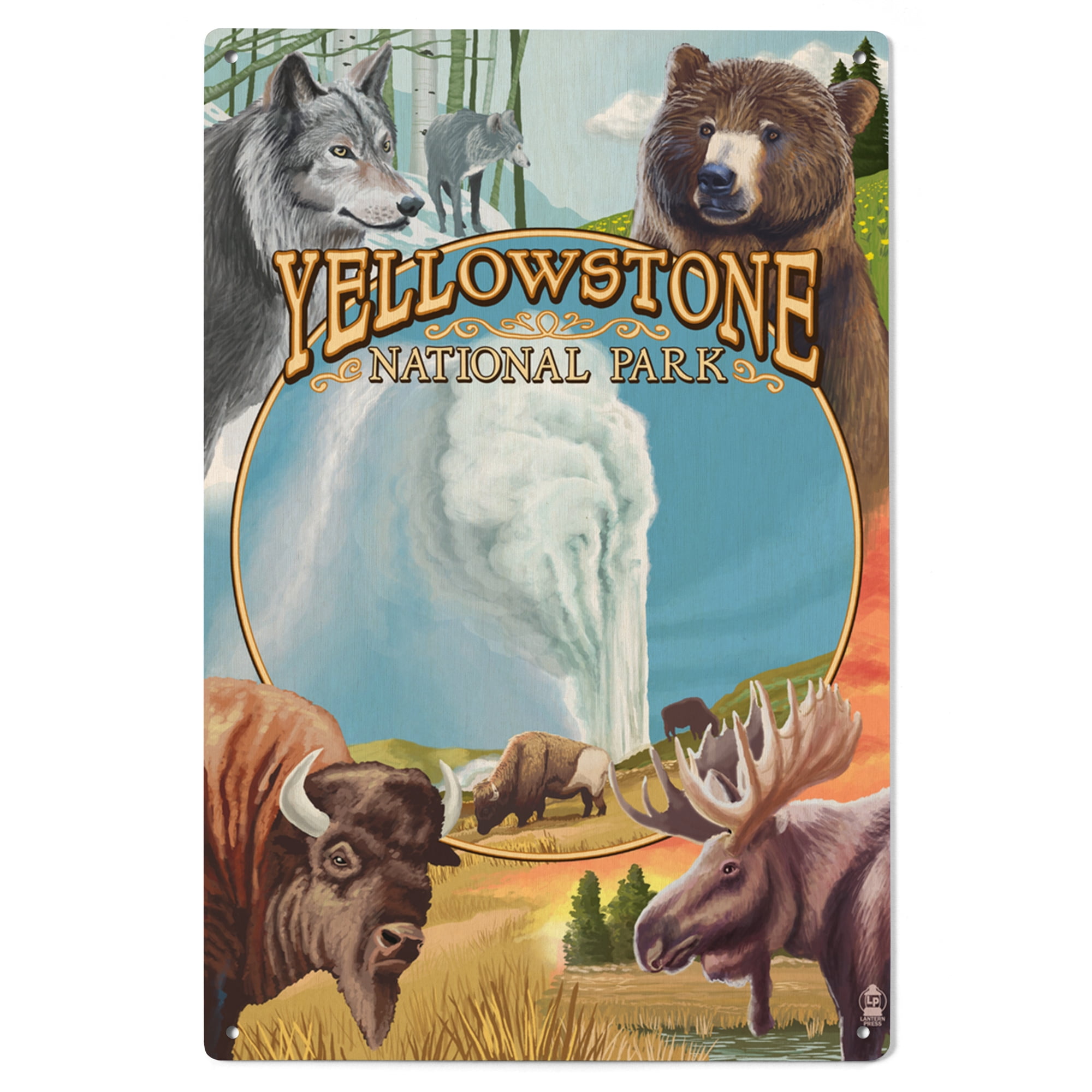 Yellowstone National Park, Montana, Wildlife Montage Birch Wood Wall ...